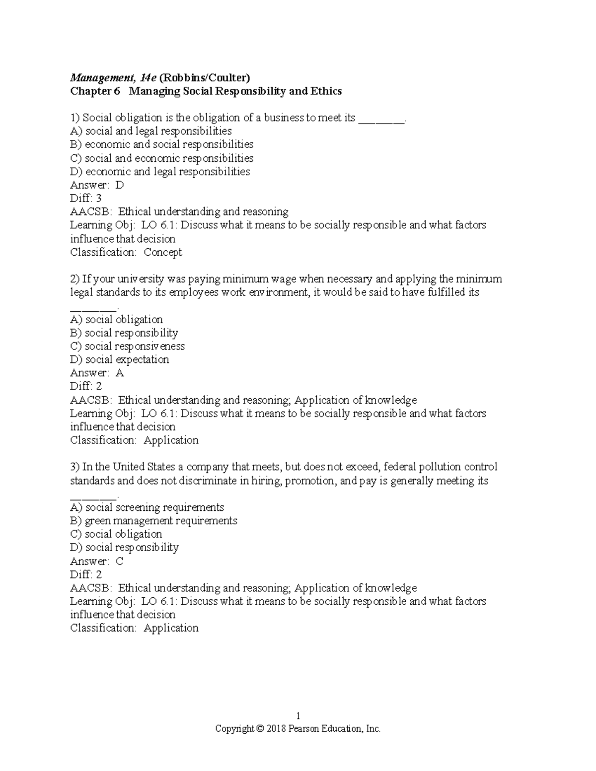 Management, 14e Chapter 6 Test Bank: Social Responsibility & Ethics ...