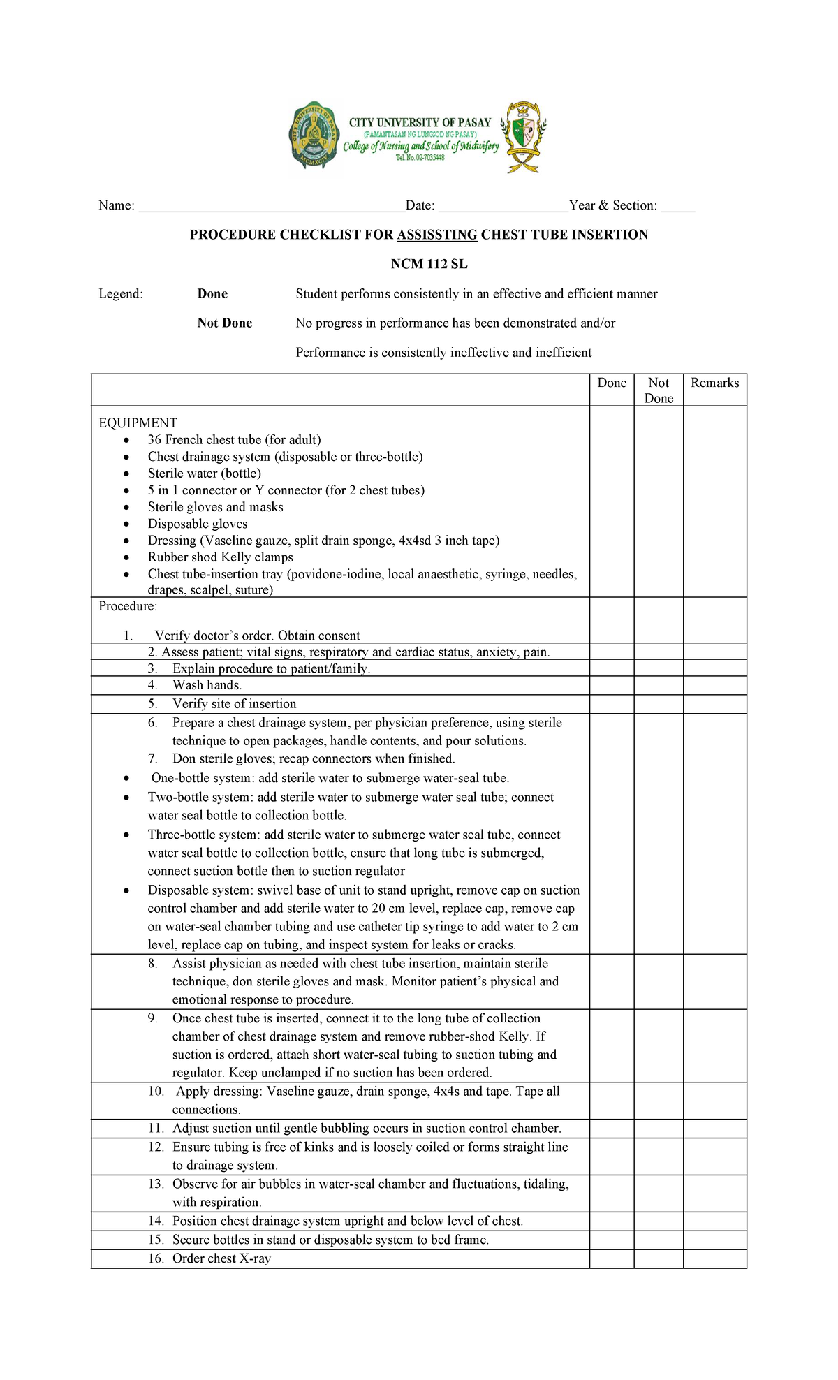 NCM 112 SL: Chest Tube Insertion Procedure Checklist - Studocu