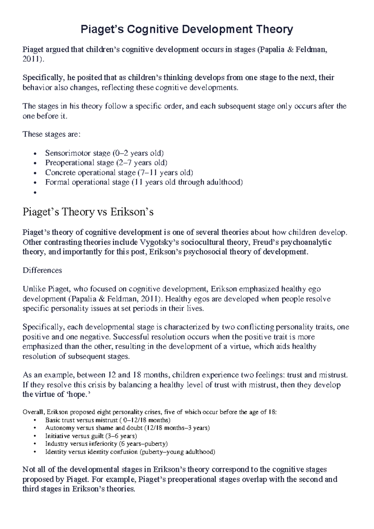 Cognitive Development Stages: Piaget's Theory - Lecture Notes - Studocu