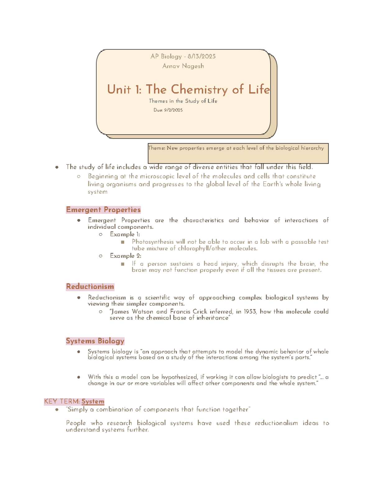 AP Biology (APBIO) Unit 1: Chemistry of Life - Key Concepts and Themes ...