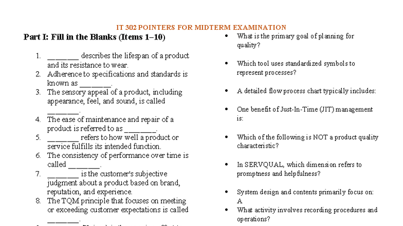 IT 302 Midterm Exam Study Guide: Pointers and Key Concepts - Studocu