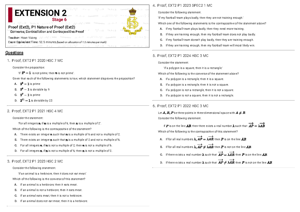 Proof Techniques: Contrapositive & Converse Analysis in EXT2 P1 - Studocu
