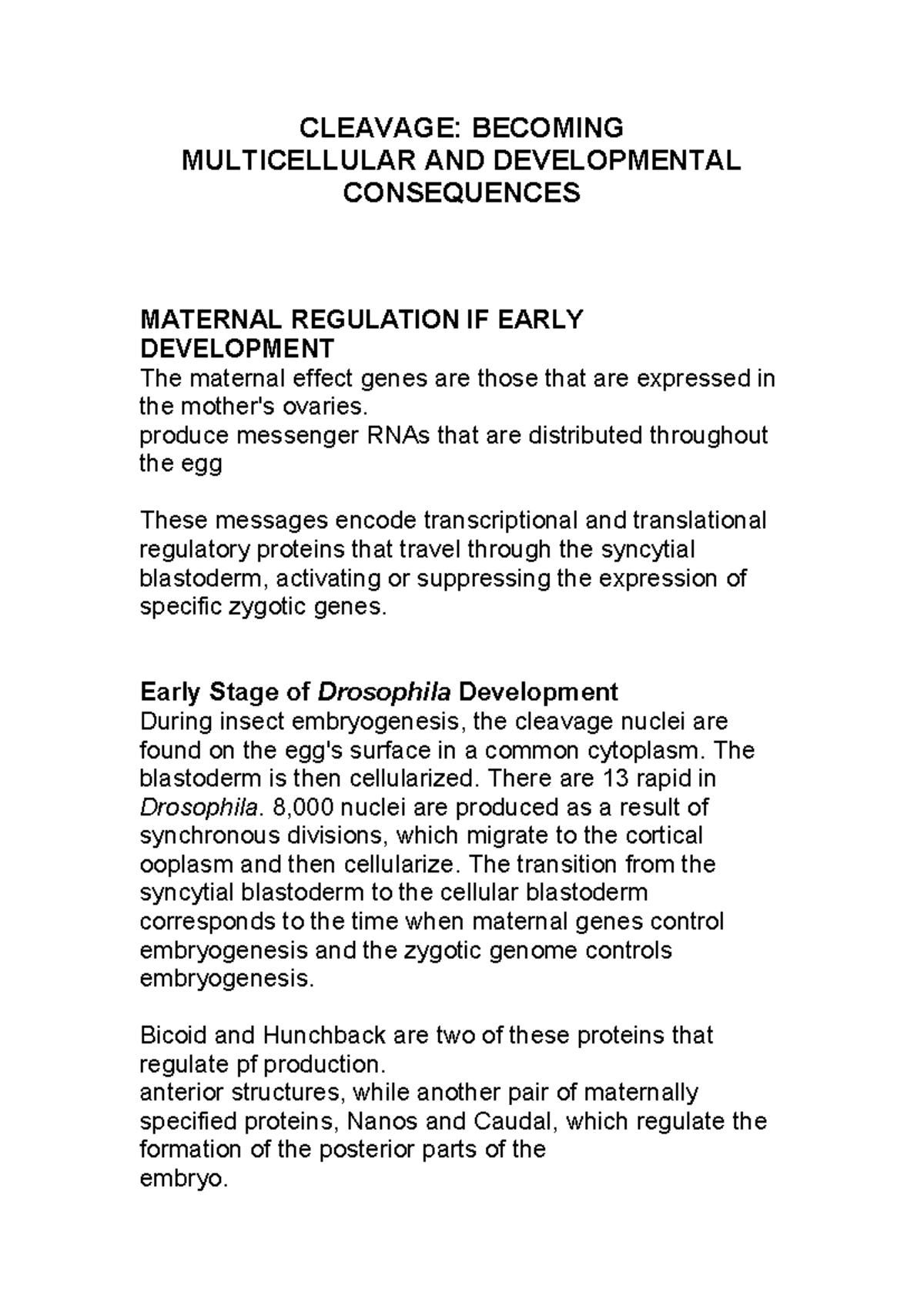 Drosophila Cleavage: Maternal Regulation and Developmental Milestones ...