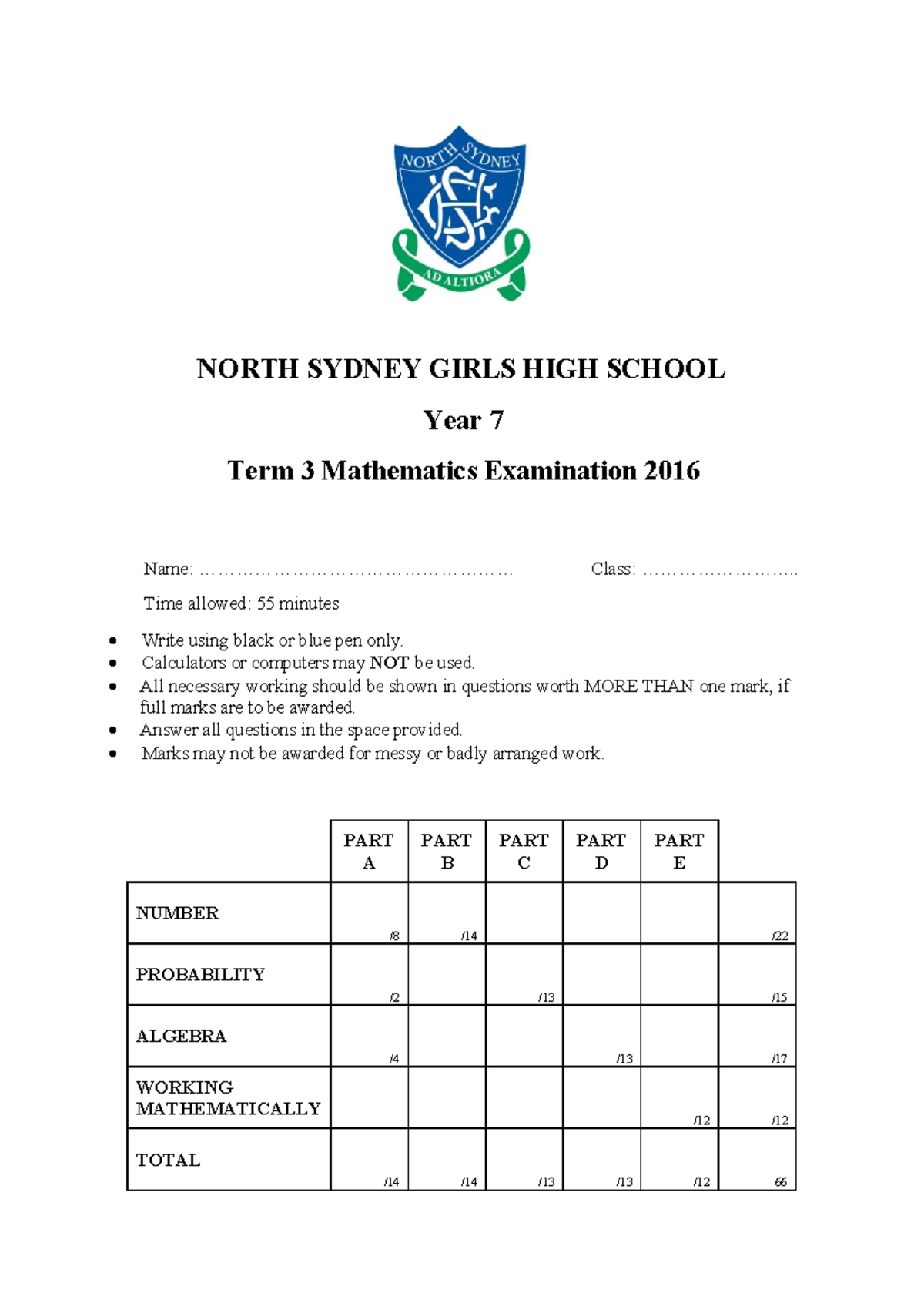 Nsghs 2016 Yr 7 T3 Mathematics Exam - Full Assessment Guide - Studocu