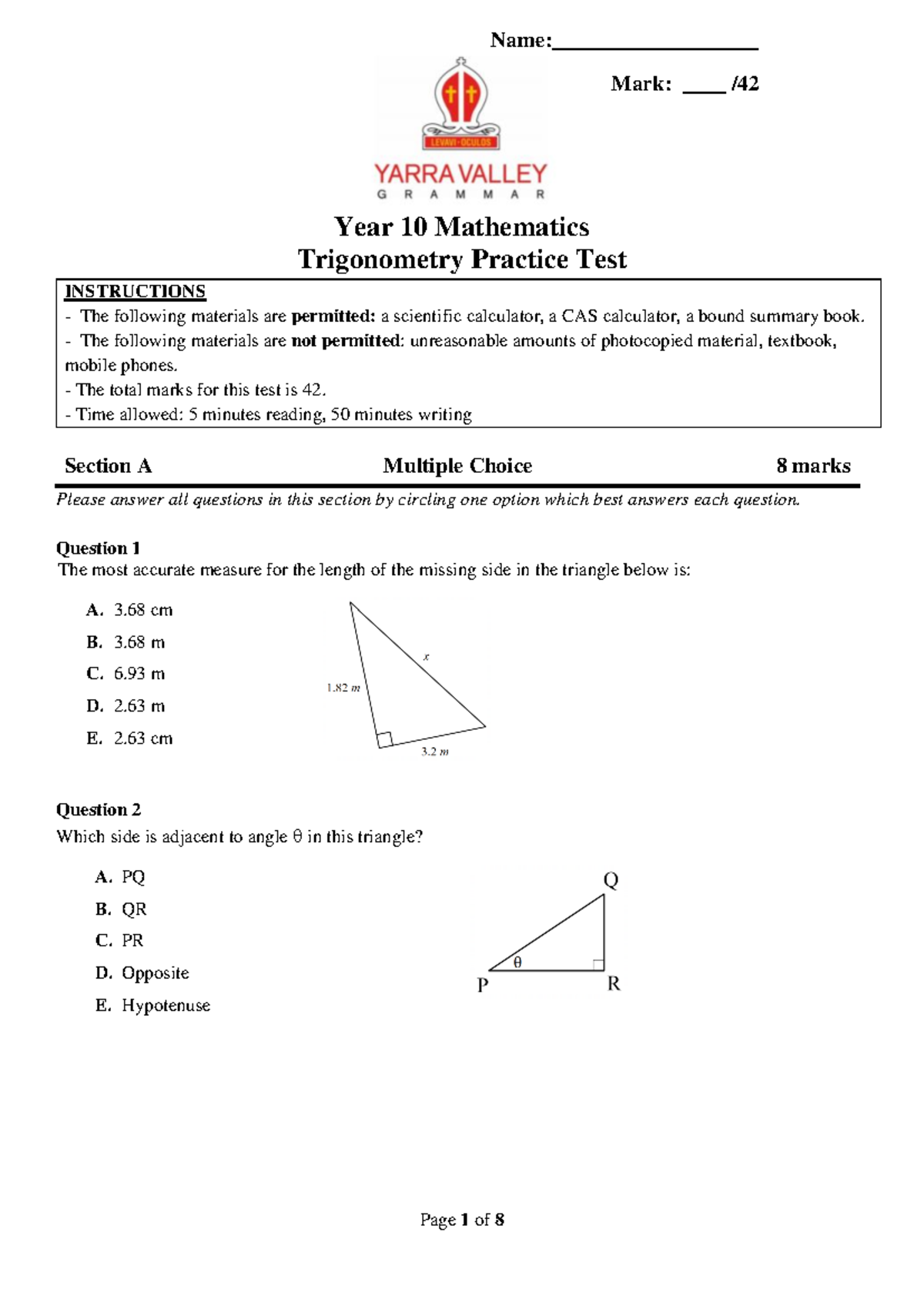 Year 10 Trigonometry Practice Test - Core Questions & Answers - Studocu