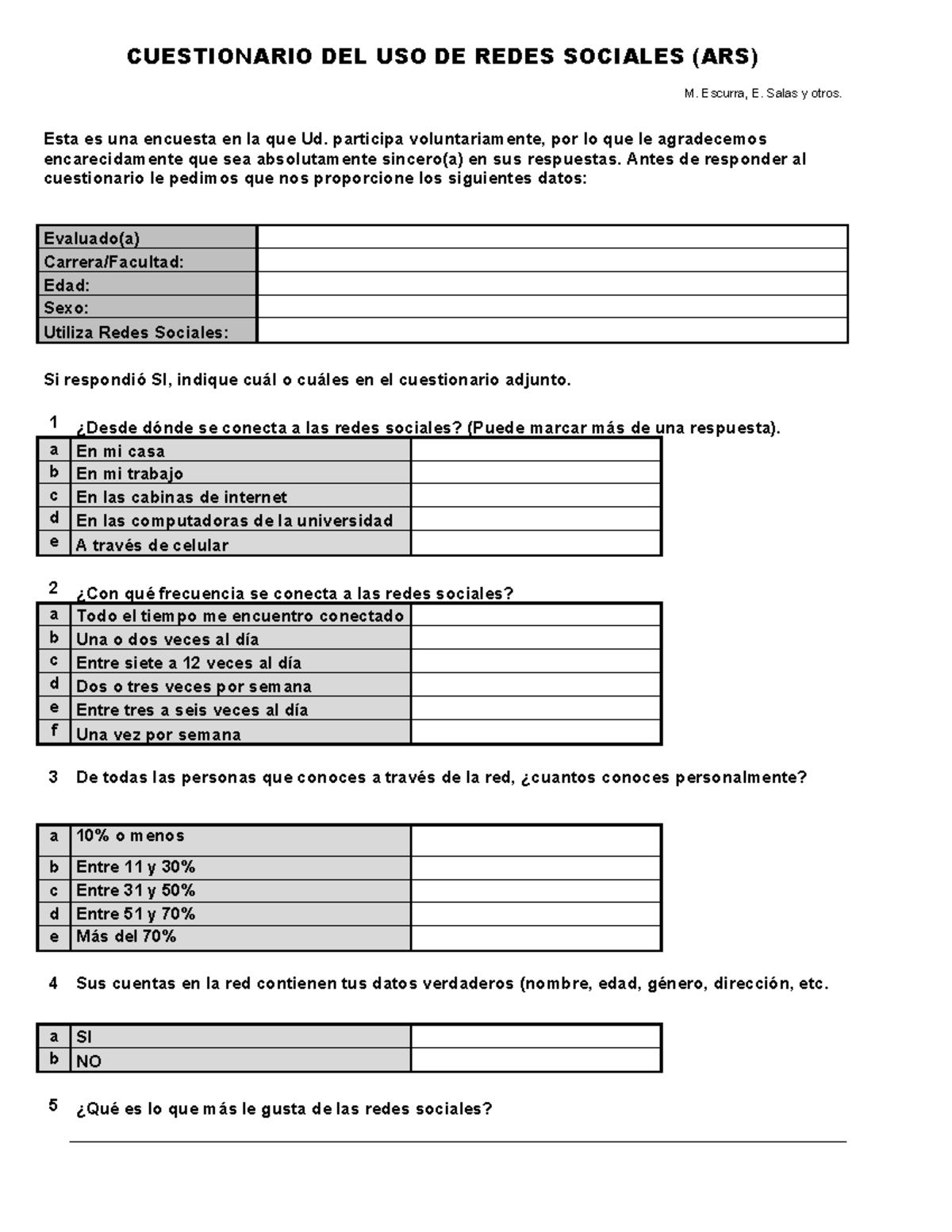 Cuestionario De Adicción a las Redes Sociales - CUESTIONARIO DEL USO DE REDES SOCIALES (ARS) M ...