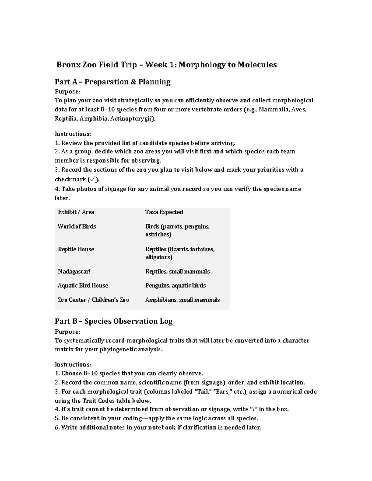 Bronx Zoo Field Trip Worksheet: Morphology & Observations Planning ...