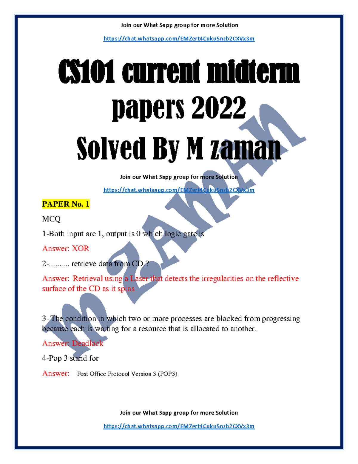 CS101 current midterm Solved papers 2022 BY M Zaman - chat.whatsapp/EMZert4Cuku5nzb2CXVx3m Join ...