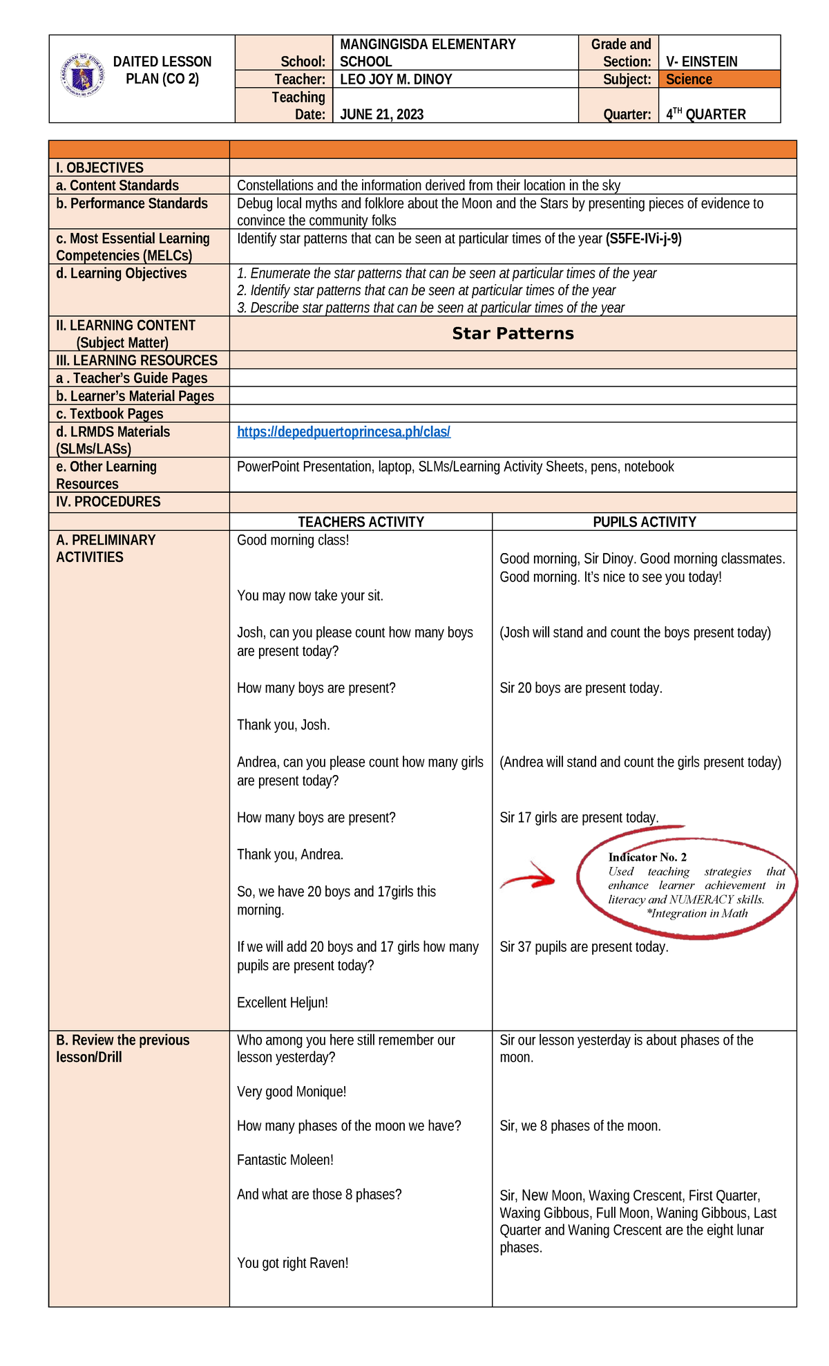 CO2 - detailed lesson plan on star patterns for science class - Studocu