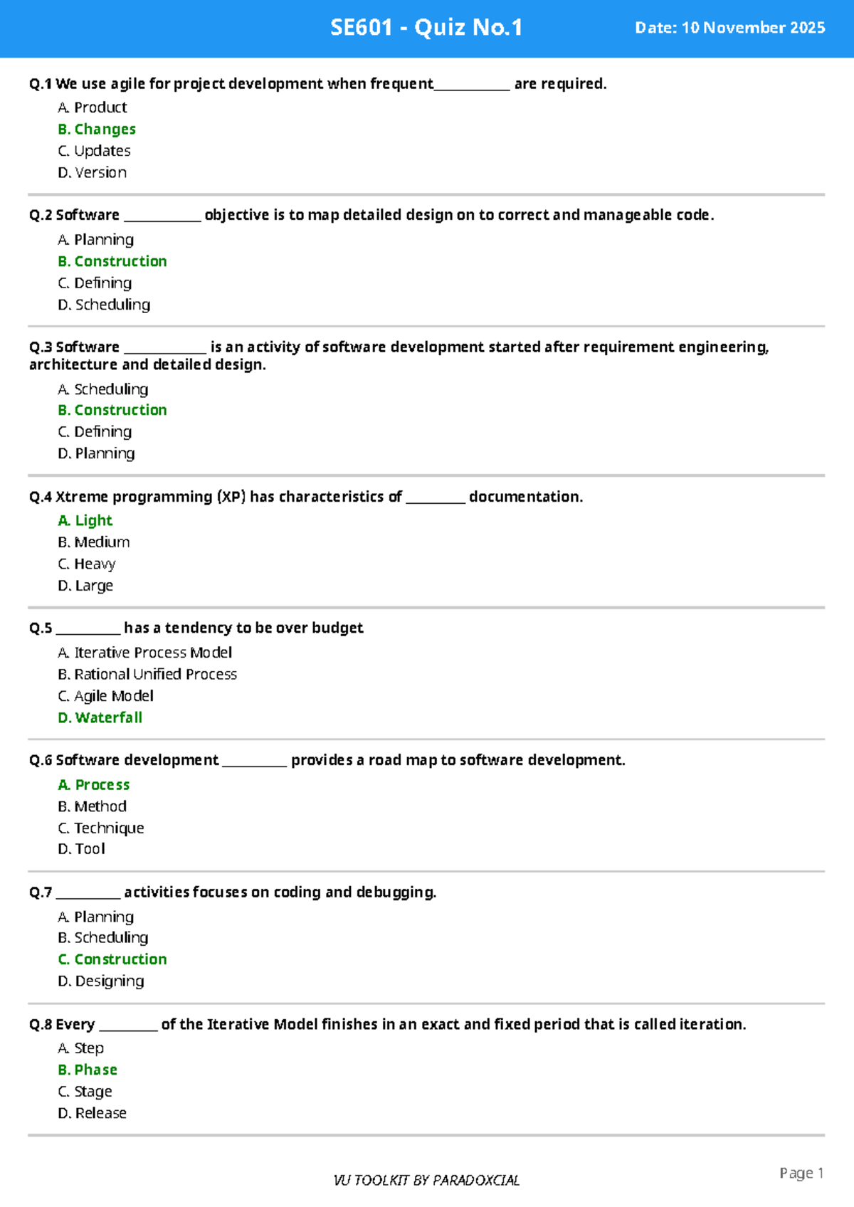 SE601 Quiz No.1 - Agile and Software Development Concepts - Studocu