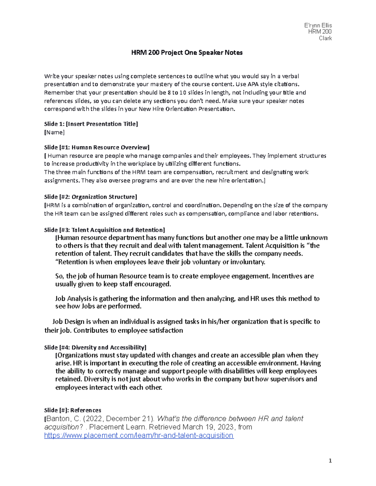HRM 200 Speaker Notes 1EE - E’rynn Ellis HRM 200 Clark HRM 200 Project ...