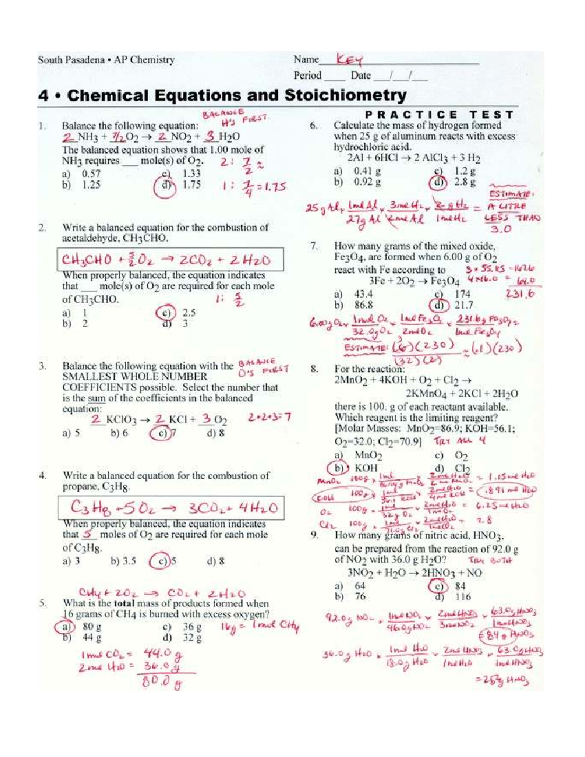 AP Chem Quiz - Chemical Equations & Stoichiometry Practice Answers ...