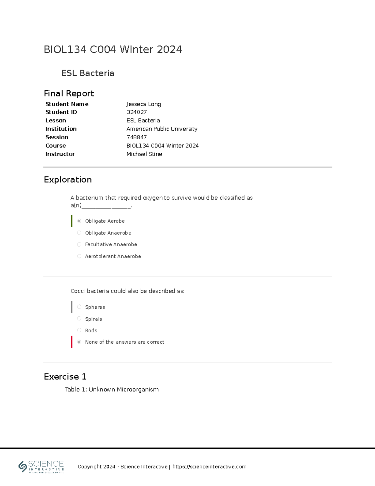 BIOL134 C004 Winter 2024 Week 1 Lab Report on Bacteria Analysis - Studocu