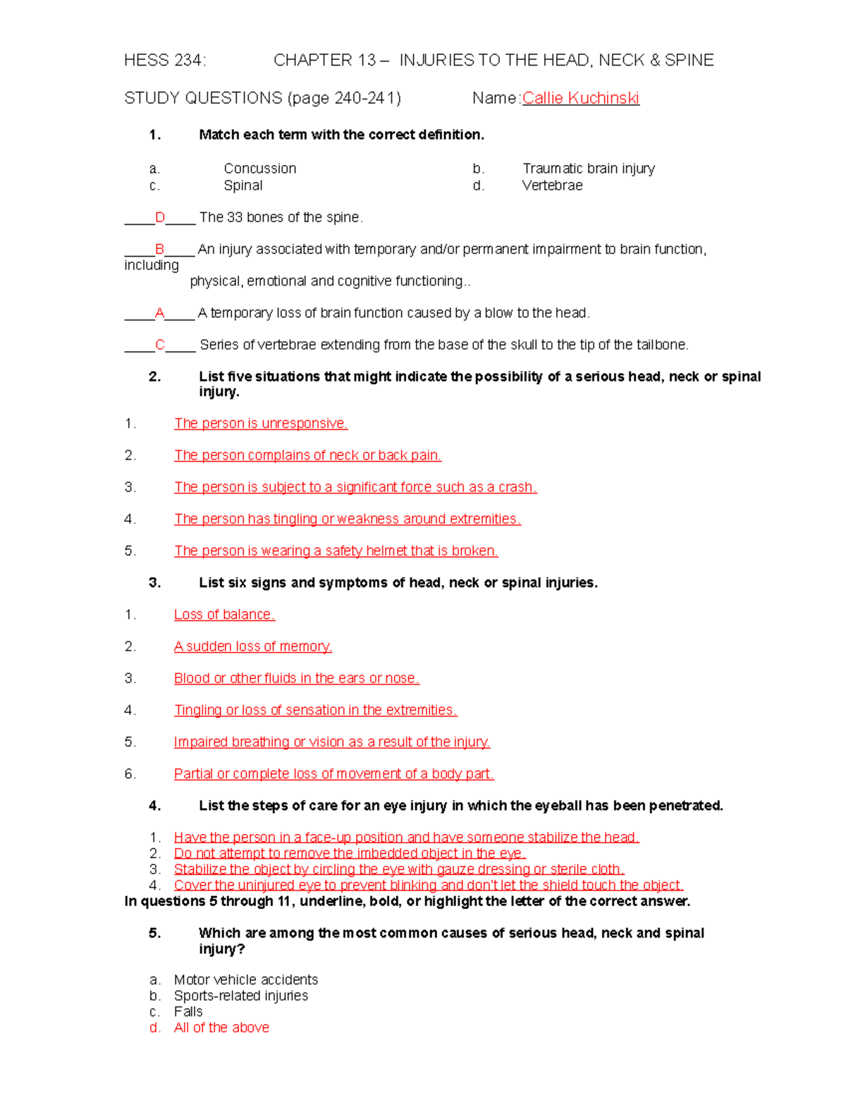 HESS 234 - Chapter 13 -Injuries to the Head, Neck and Spine - Study ...