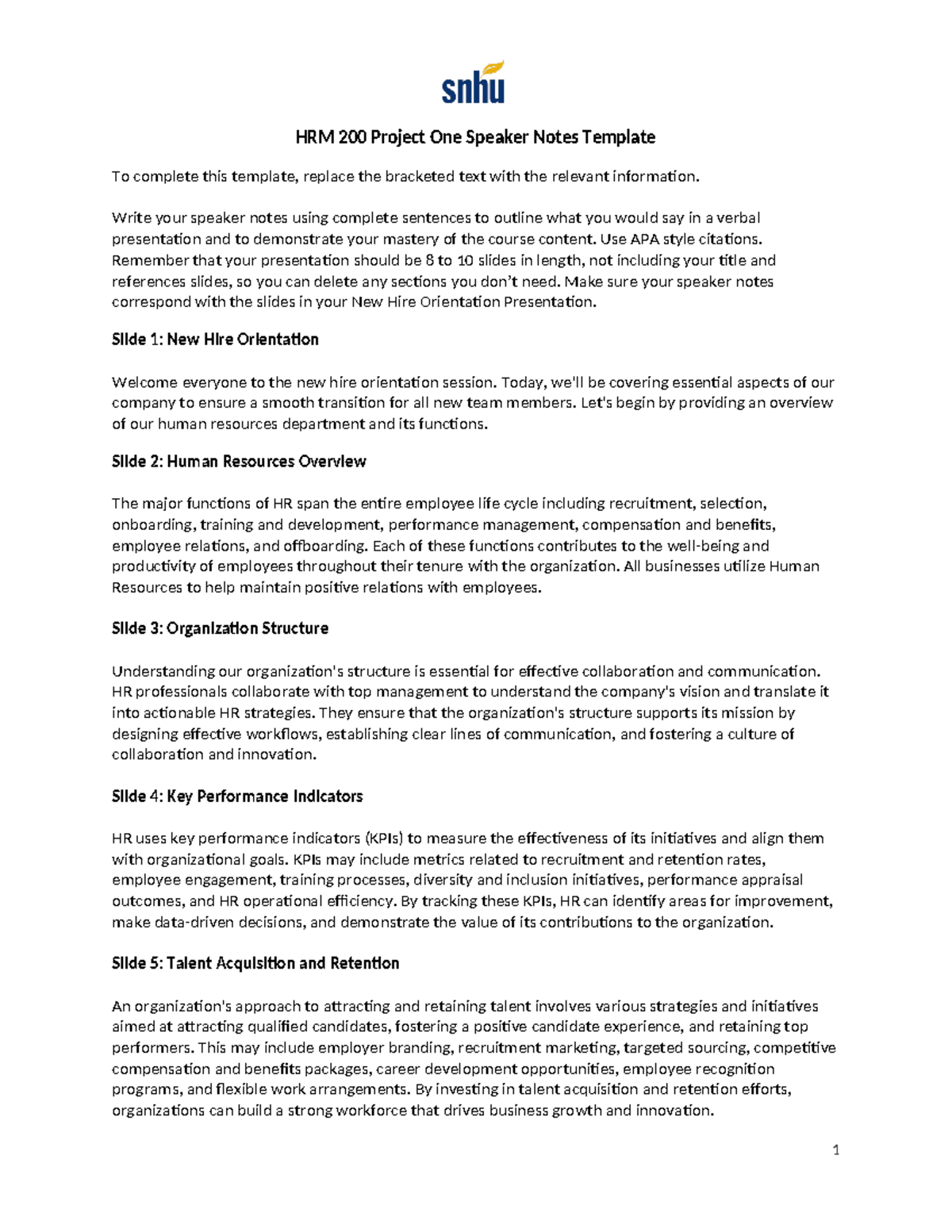 HRM 200 Project One Speaker Notes for New Hire Orientation Presentation ...