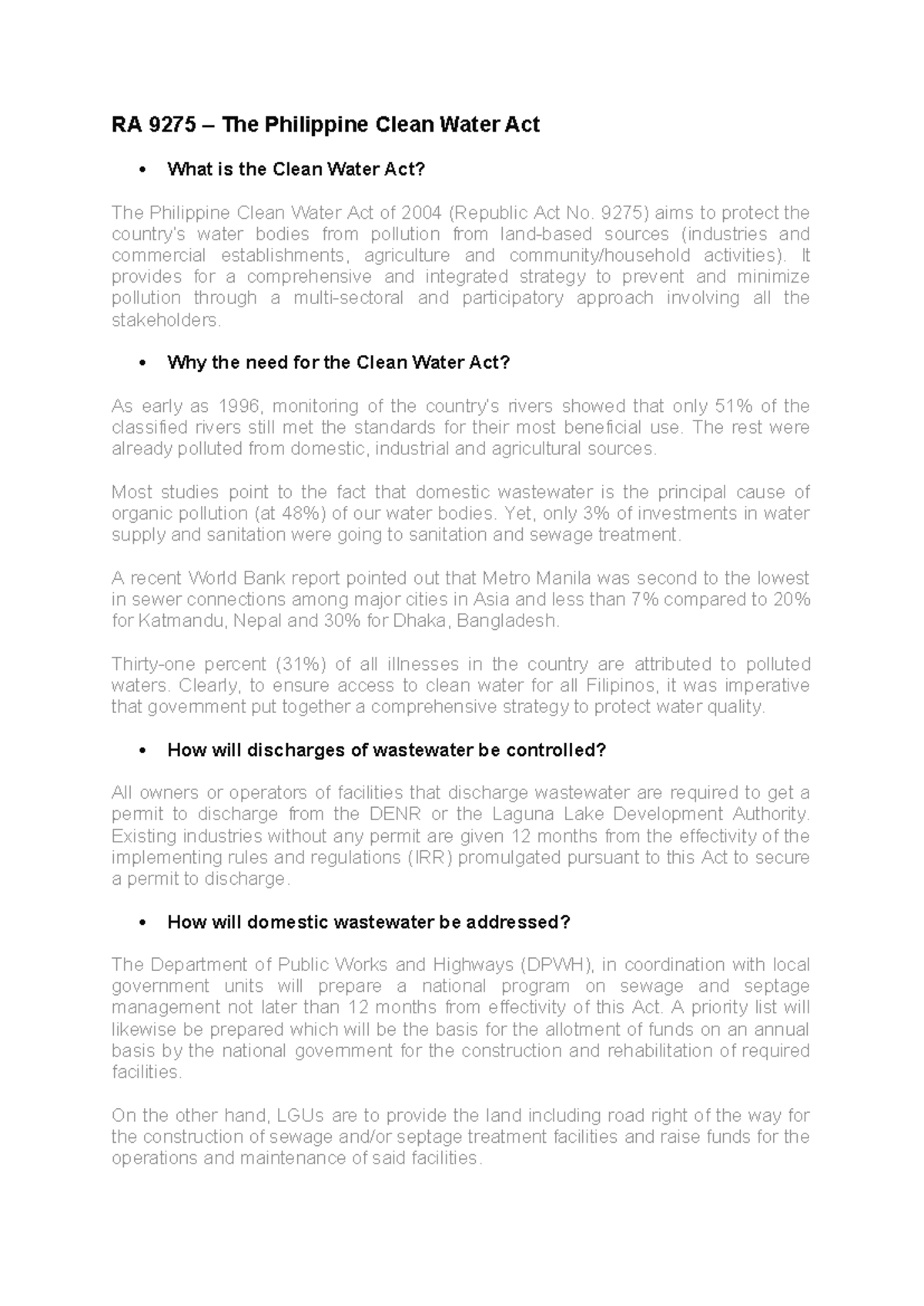 RA 9275 Clen Water Act - .... - RA 9275 – The Philippine Clean Water ...