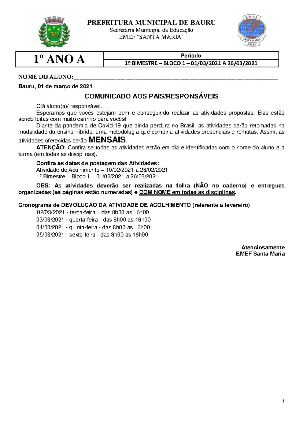 1ºA - 1º Bimestre - Bloco 1 - 01-03 A 26-03-21 J.E.M.O. - PREFEITURA ...