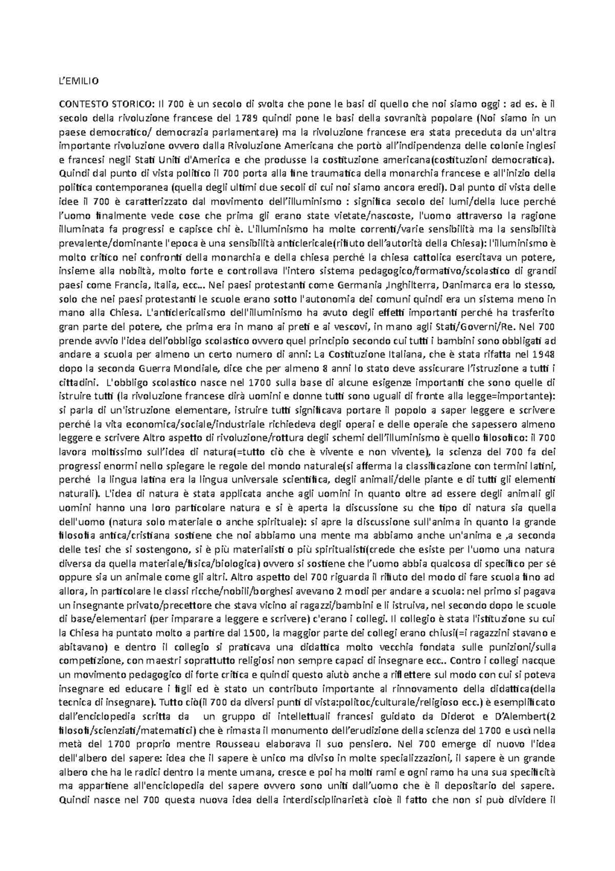 L' Emilio - L’EMILIO CONTESTO STORICO: Il 700 è un secolo di svolta che ...