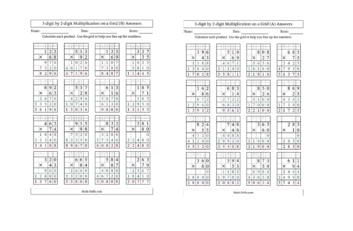 3-Digit by 2-Digit Multiplication Worksheets (B) Answers - Studocu