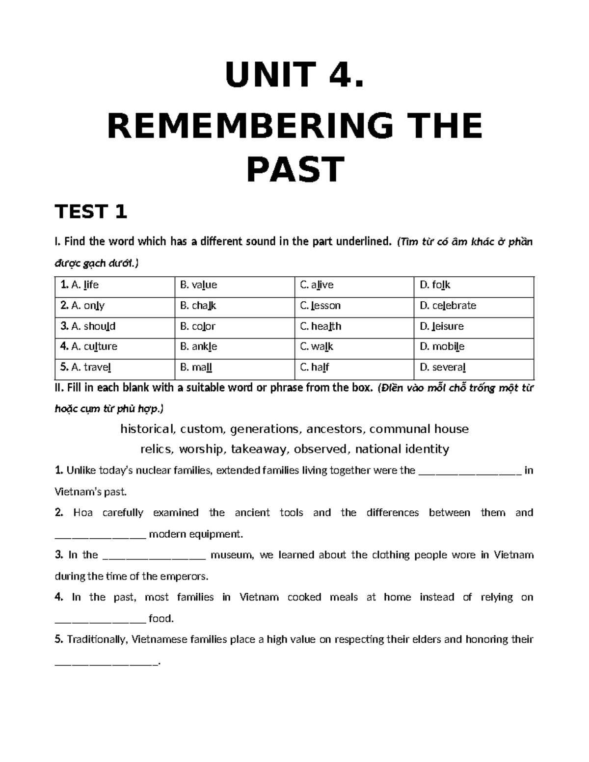 Đề Kiểm Tra Global Success 9 Đề Kiểm Tra UNIT 4. Remembering THE PAST ...