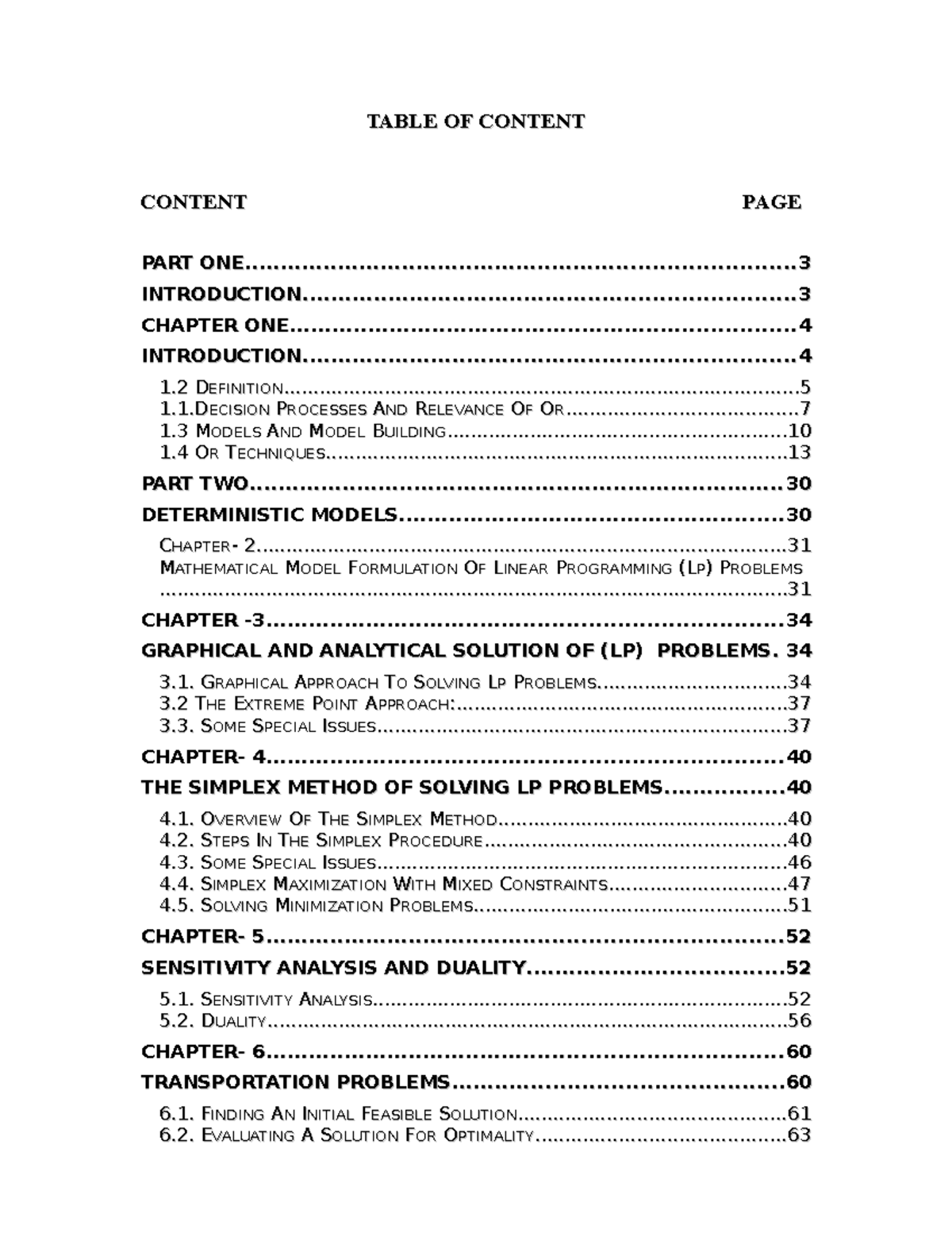 OR Module 2 - Operation Research - TABLE OF CONTENT TABLE OF CONTENT ...