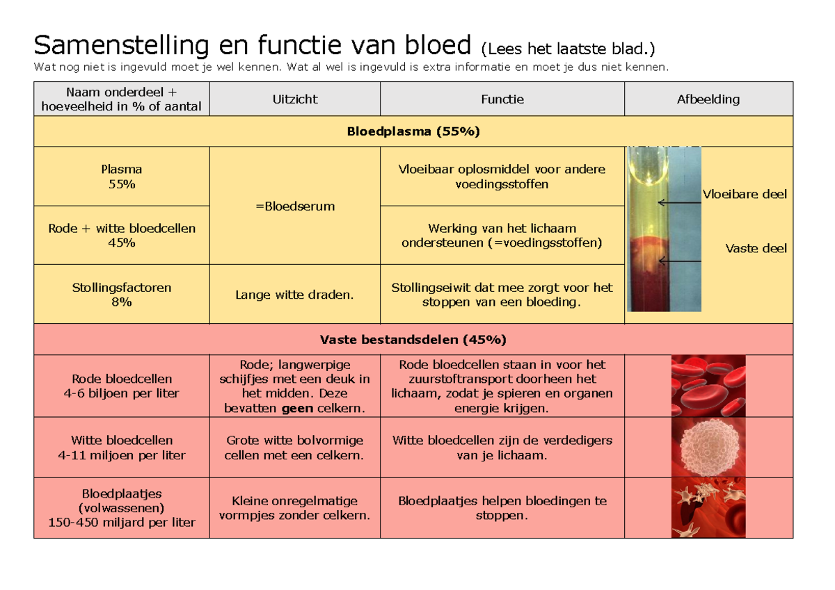 Les 42: Schema van Bloed - Samenstelling en Functie - Studocu