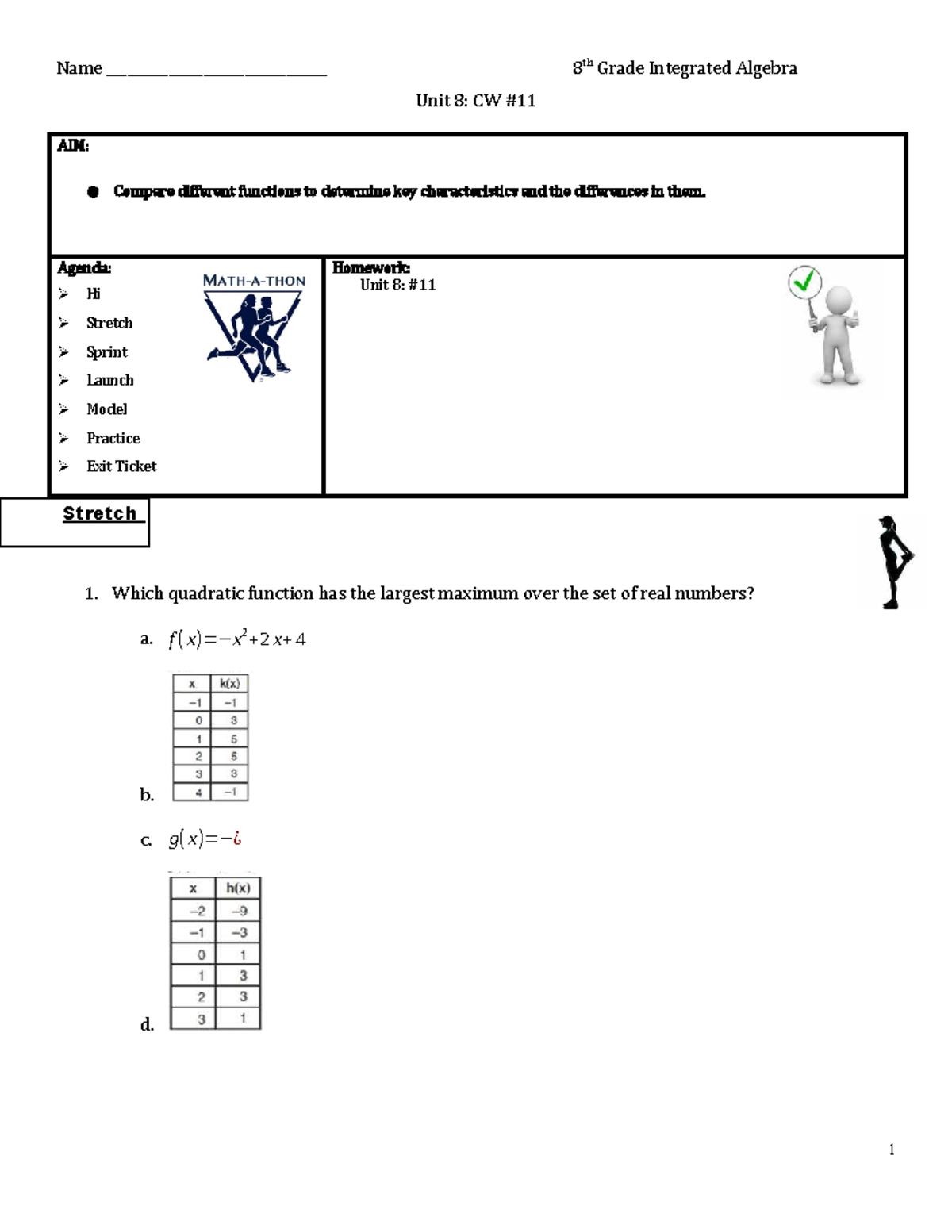 8th Grade Integrated Algebra Unit 8: CW on Quadratic Functions Analysis ...