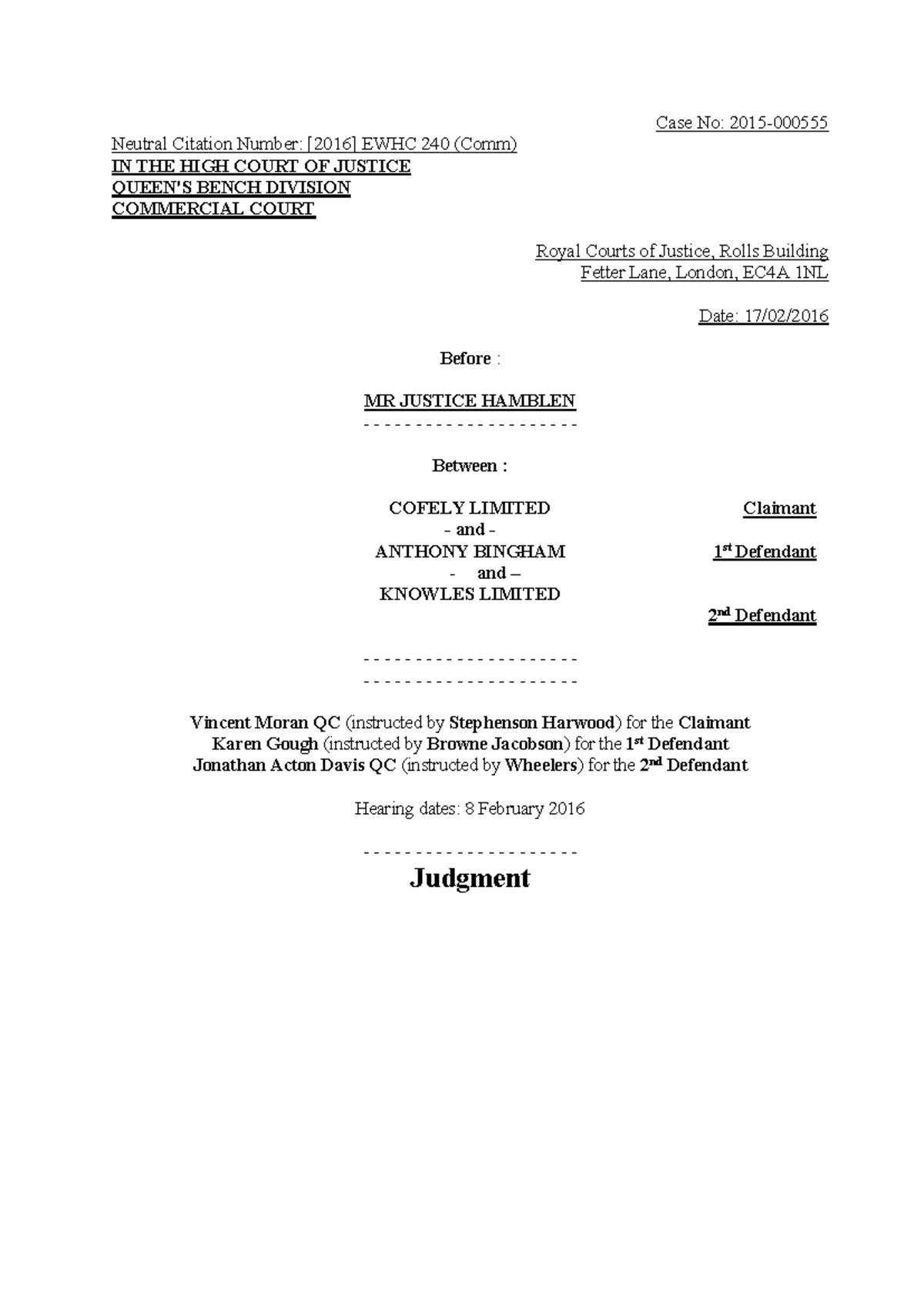 Cofely Ltd v Anthony Bingham - High Court Case Analysis [2015] EWHC 240 ...