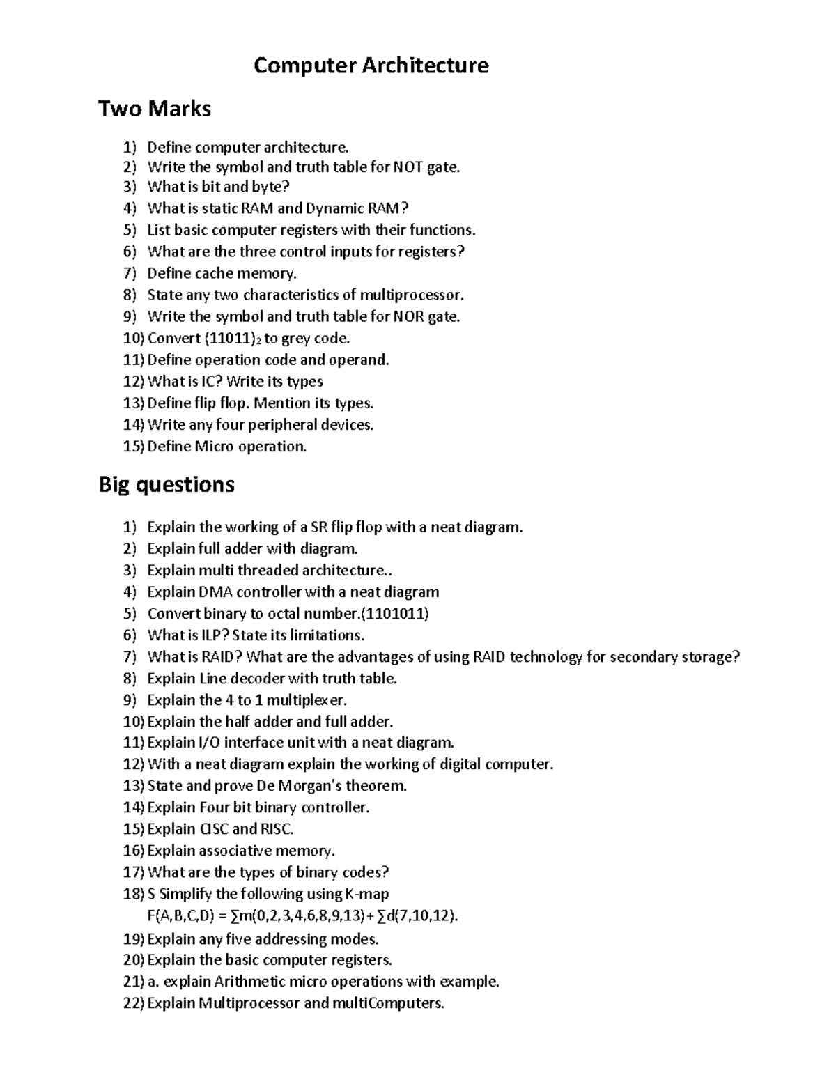 BCA 2nd Sem Computer Architecture Important Questions & Concepts - Studocu