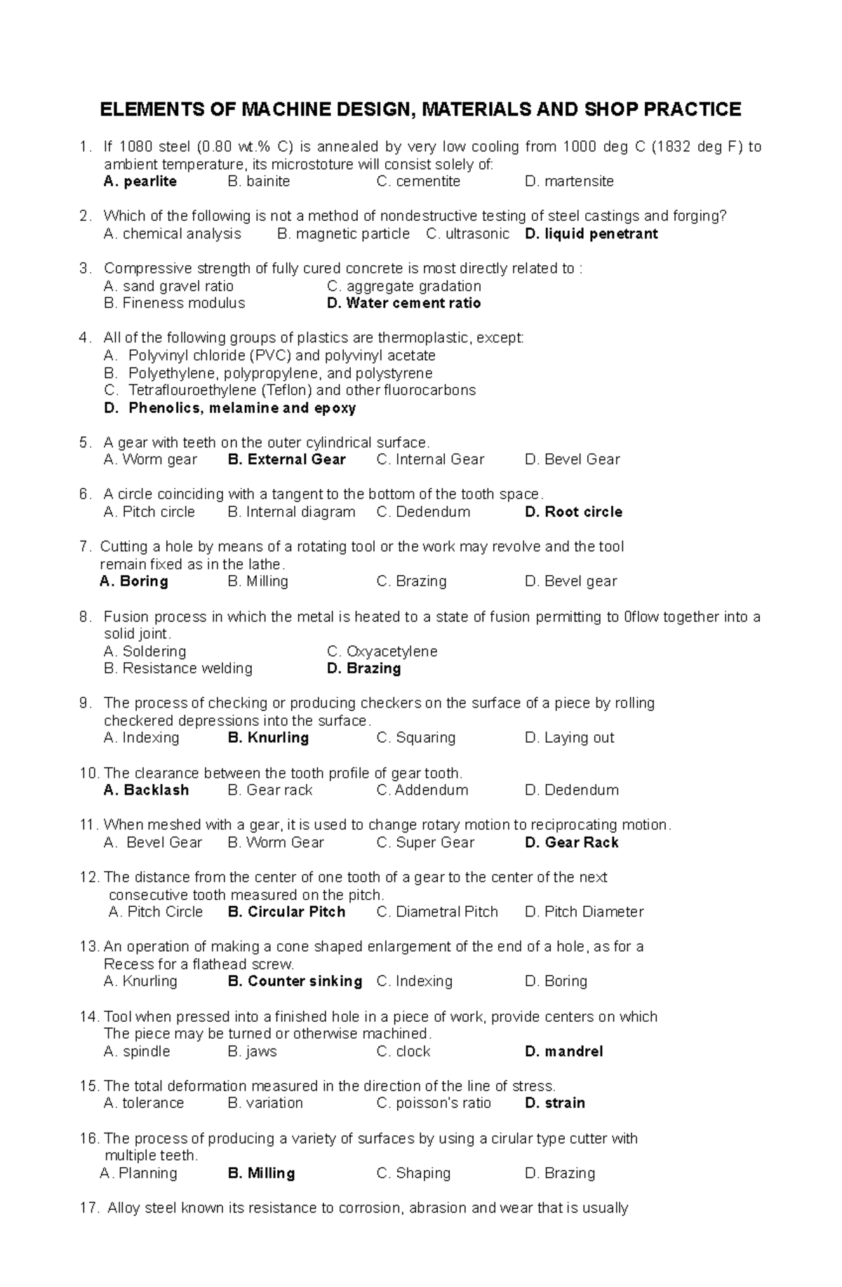 Elements of MDSP - N/A - ELEMENTS OF MACHINE DESIGN, MATERIALS AND SHOP PRACTICE If 1080 steel ...