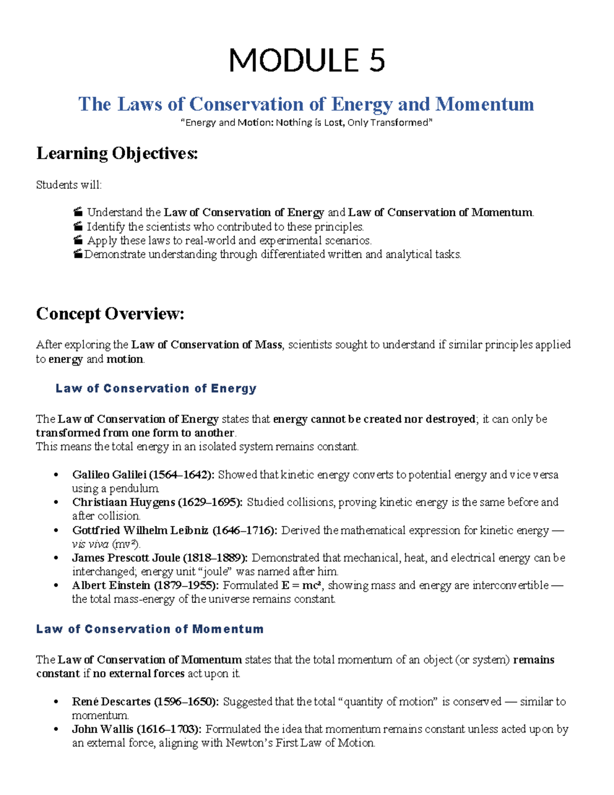 Module 5: Conservation of Energy & Momentum - Key Concepts & Activities ...