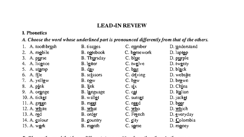 Phonetics Review I: Pronunciation & Vocabulary Exercises (HA1, A2 ...