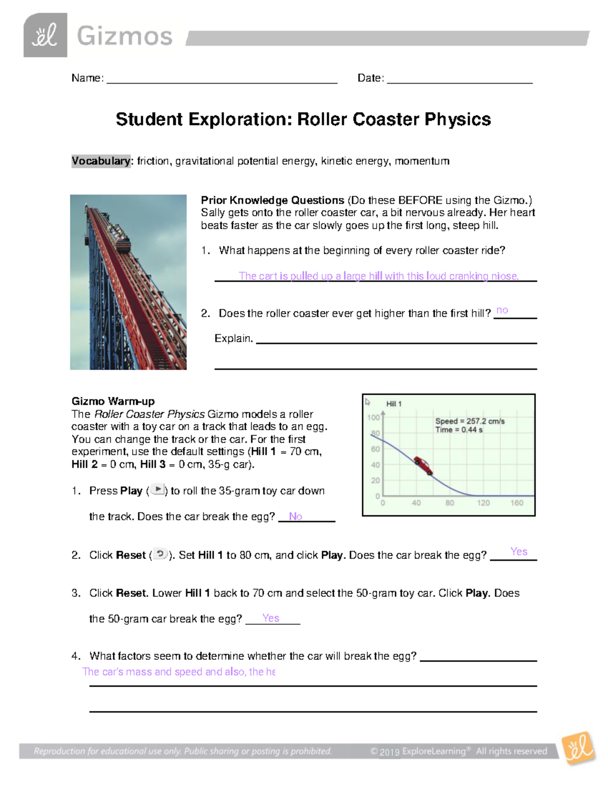 Roller Coaster Physics Exploration: Gizmo SE Activity Notes - Studocu