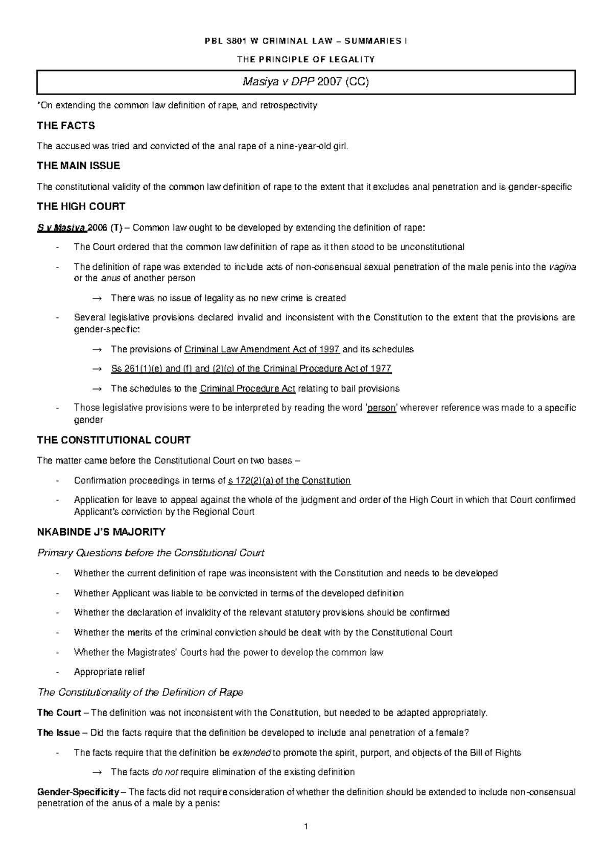 Crim Summaries I - Good notes. - THE PRINCIPLE OF LEG AL ITY *On ...