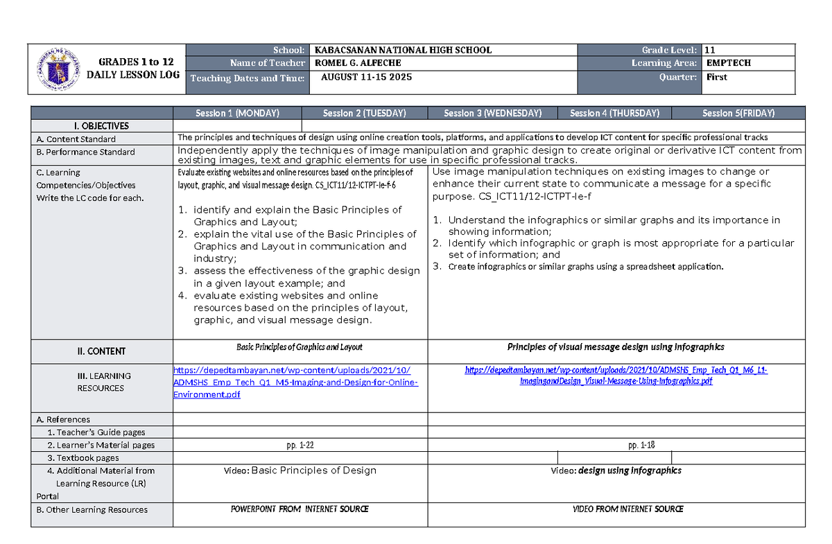 DLL Emptech 11 - Principles of Design & Infographics Lesson Plan - Studocu
