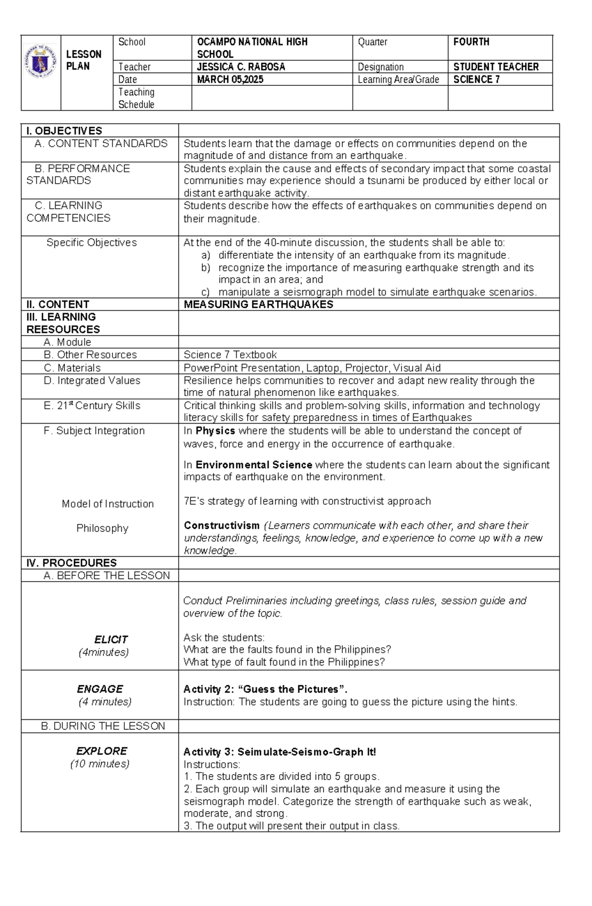SEMI-DLP Measuring Earthquakes - LESSON PLAN School OCAMPO NATIONAL ...