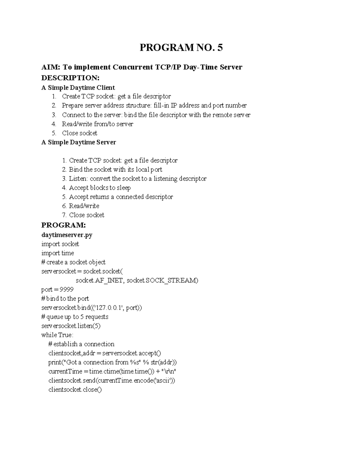 Ex 5 - Concurrent TCP/IP Day-Time Server Implementation Guide - Studocu
