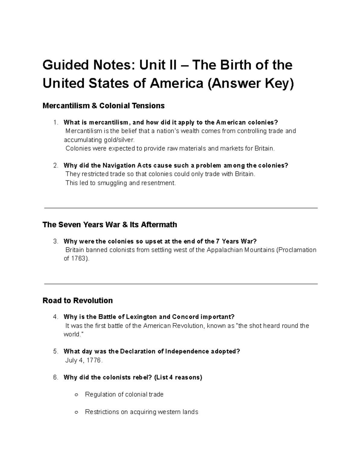 Guided Notes: Unit II – Birth of the U.S. (Mercantilism to War of 1812 ...