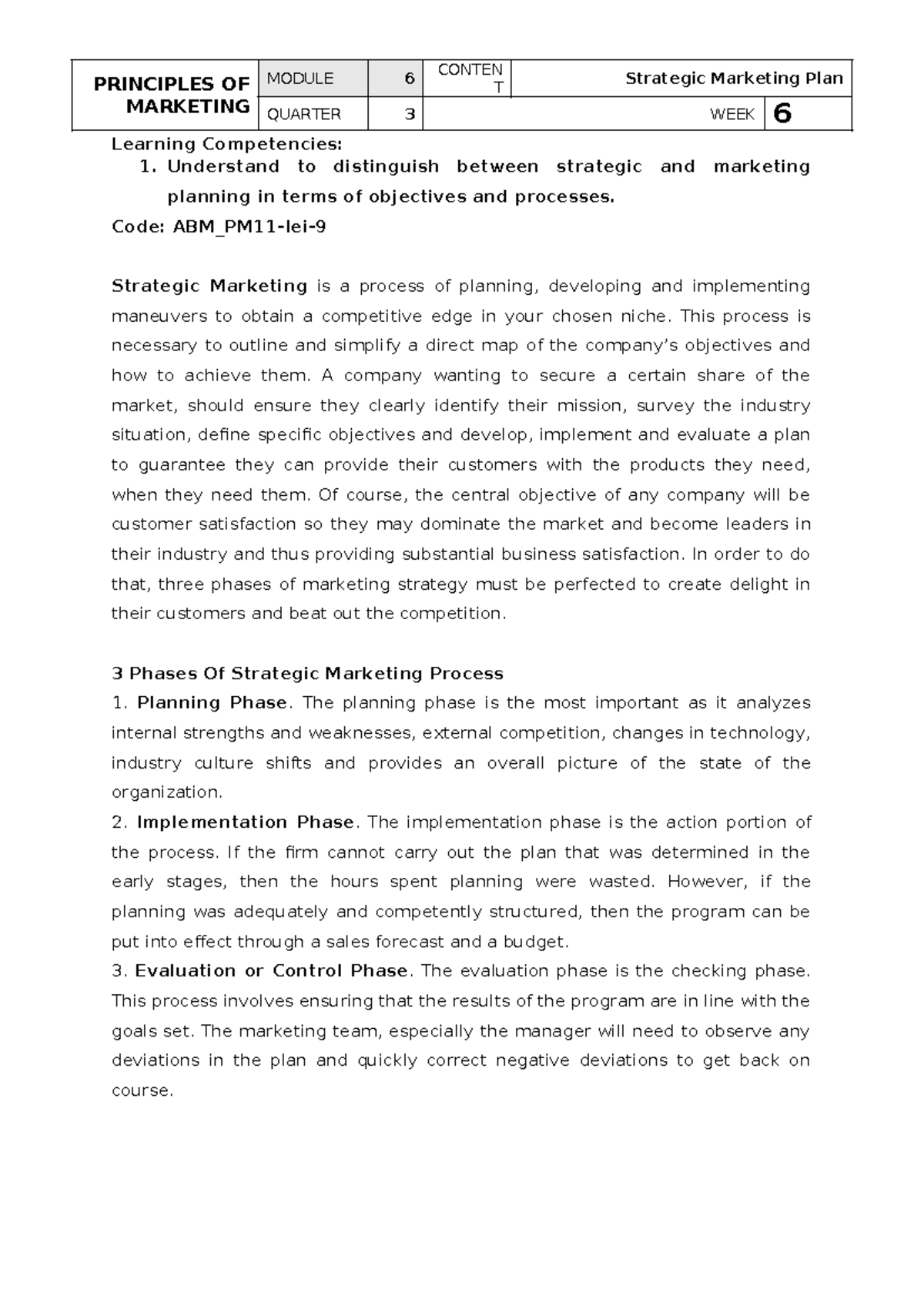Strategic Marketing Plan Overview - Module 6 Content - Studocu