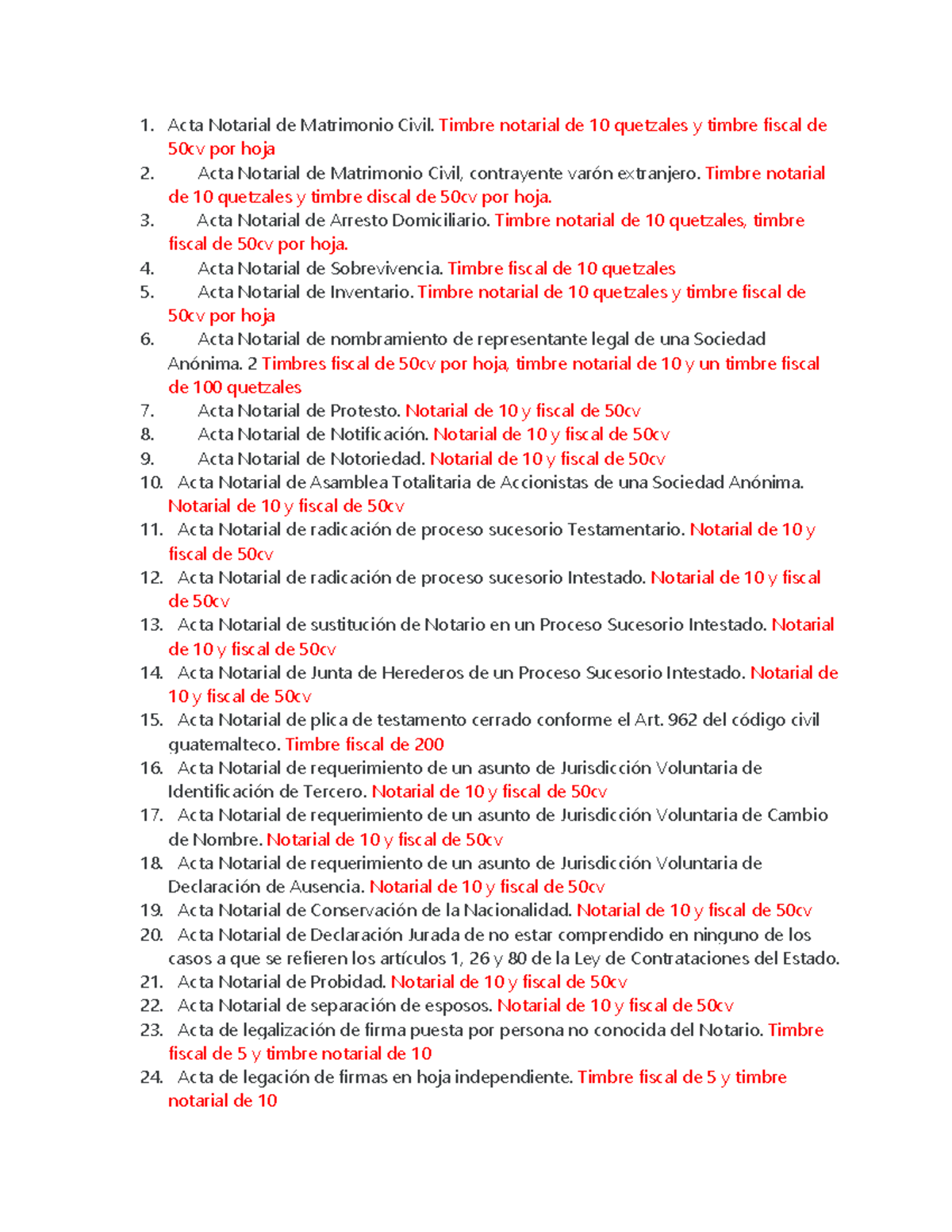 Acta Notarial y Timbres: Detalles y Costos por Documento - Studocu