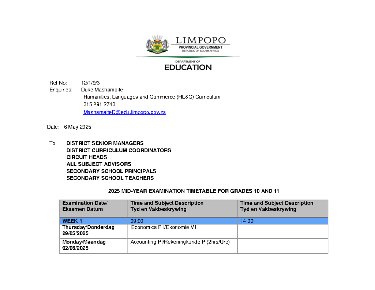 MID-YEAR EXAM TIMETABLE FOR GRADES 10 & 11 - 2025 - Studocu