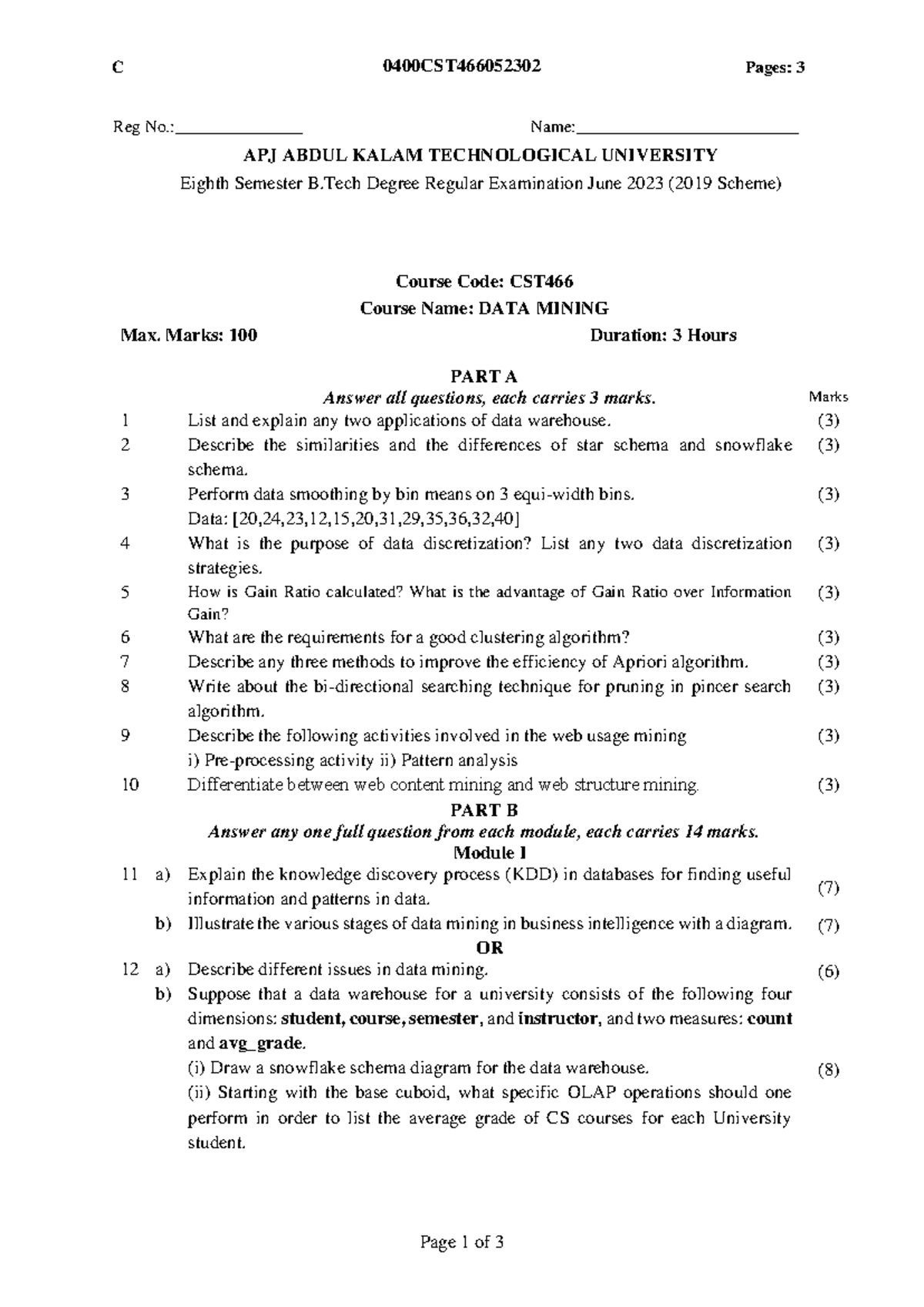 CST466-A - Data Mining Question Paper for Eighth Semester Exam - Studocu