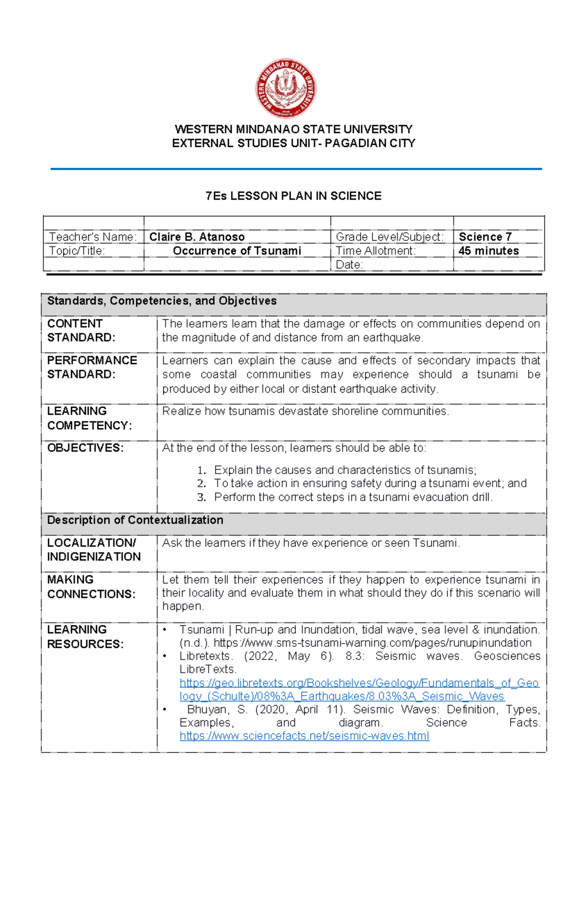 7E's Lesson Plan on Tsunamis for Science 7 (LP Week 3, Day 3-4) - Studocu