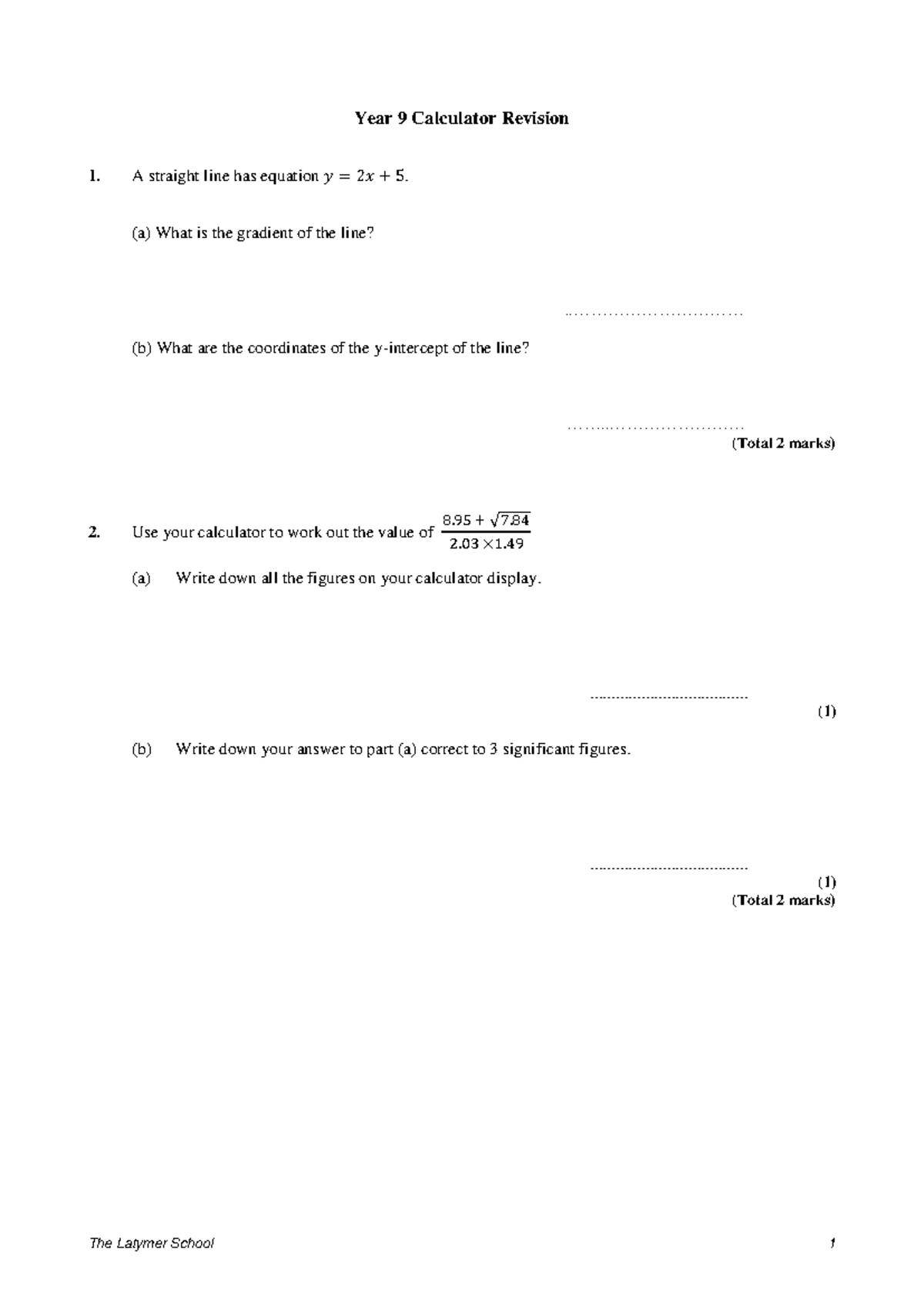 Year 9 Maths Revision: Calculator Techniques & Sample Problems - Studocu