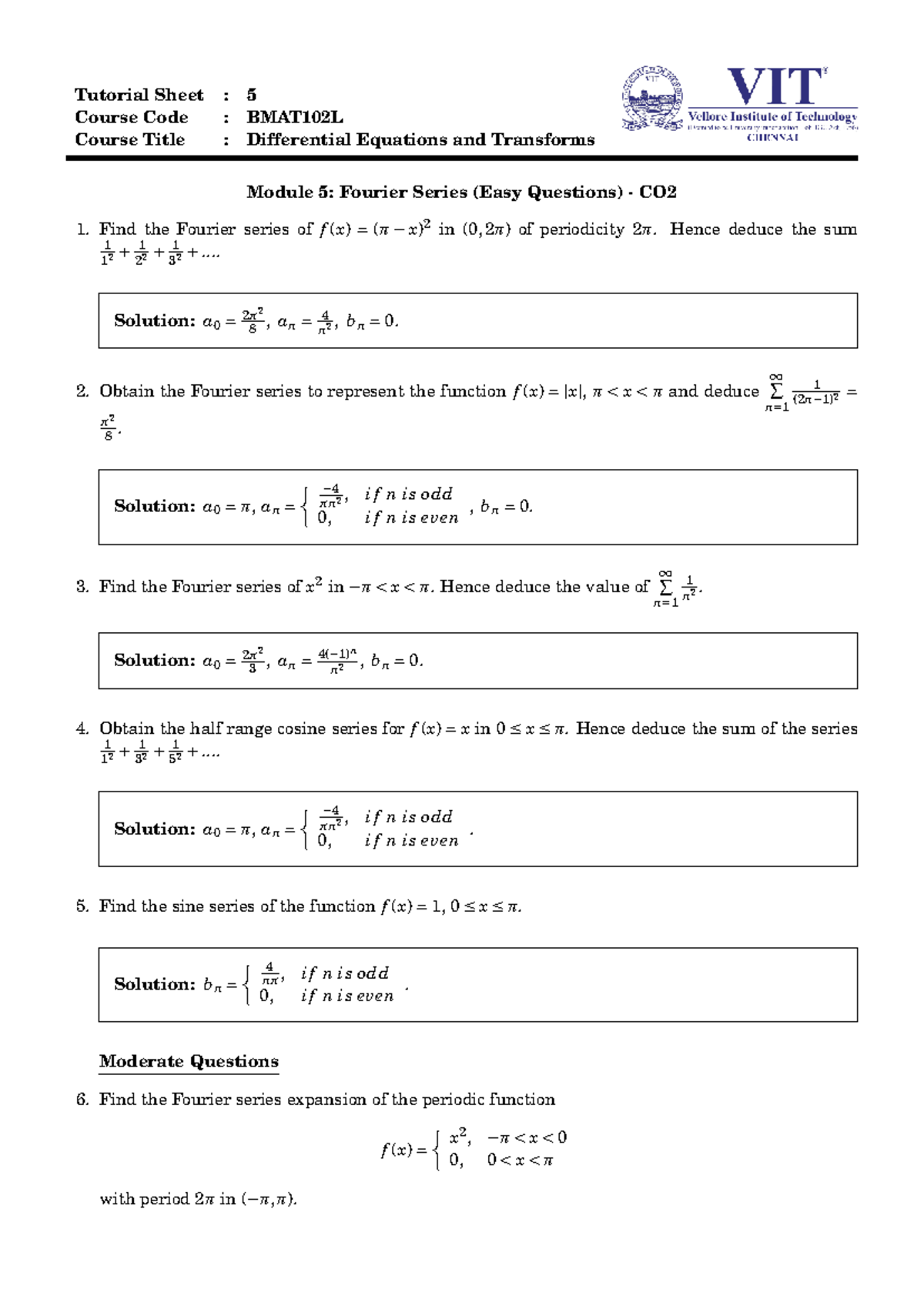 Module 5 Tutorial Sheet: Fourier Series in BMAT102L - Studocu