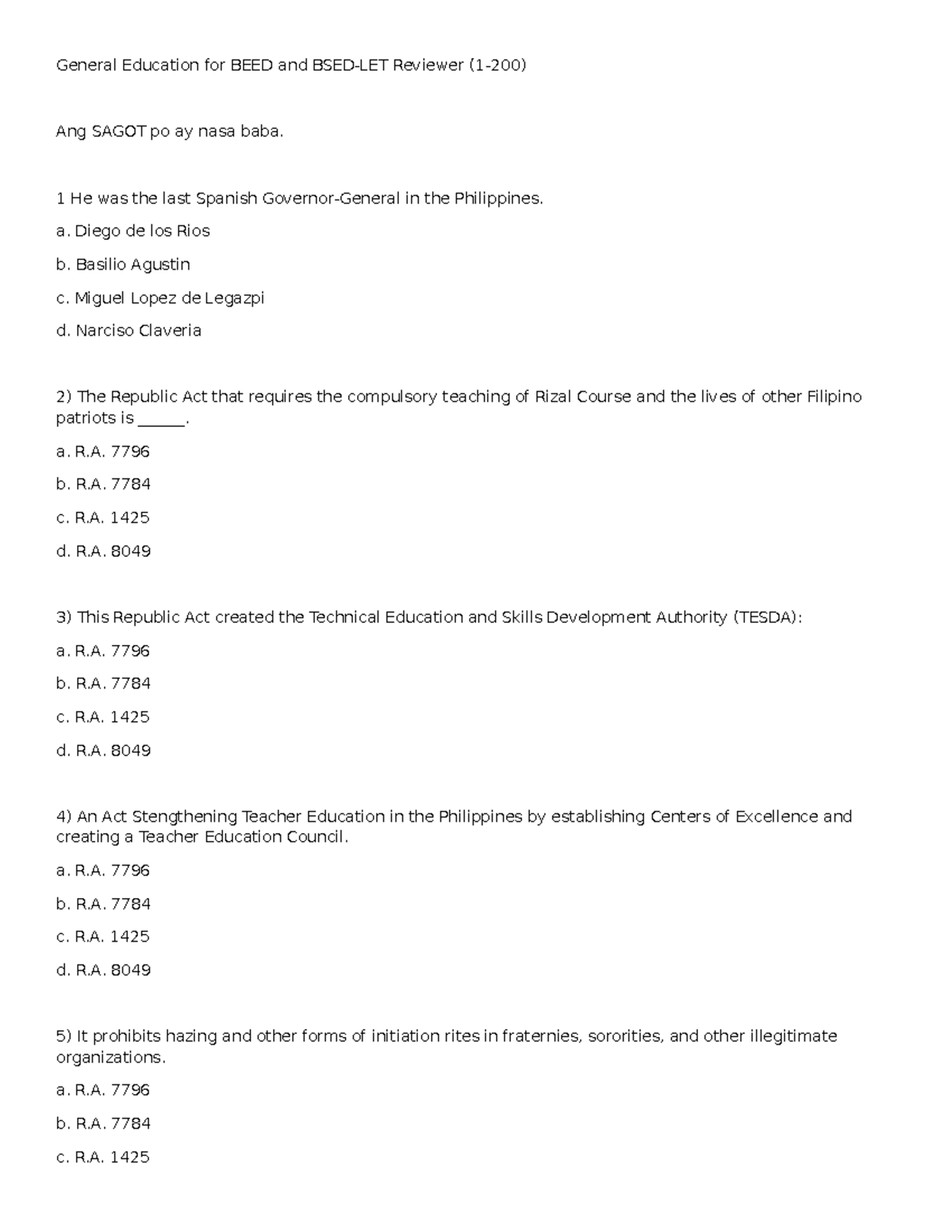 Document - Reviewer - General Education for BEED and BSED-LET Reviewer ...