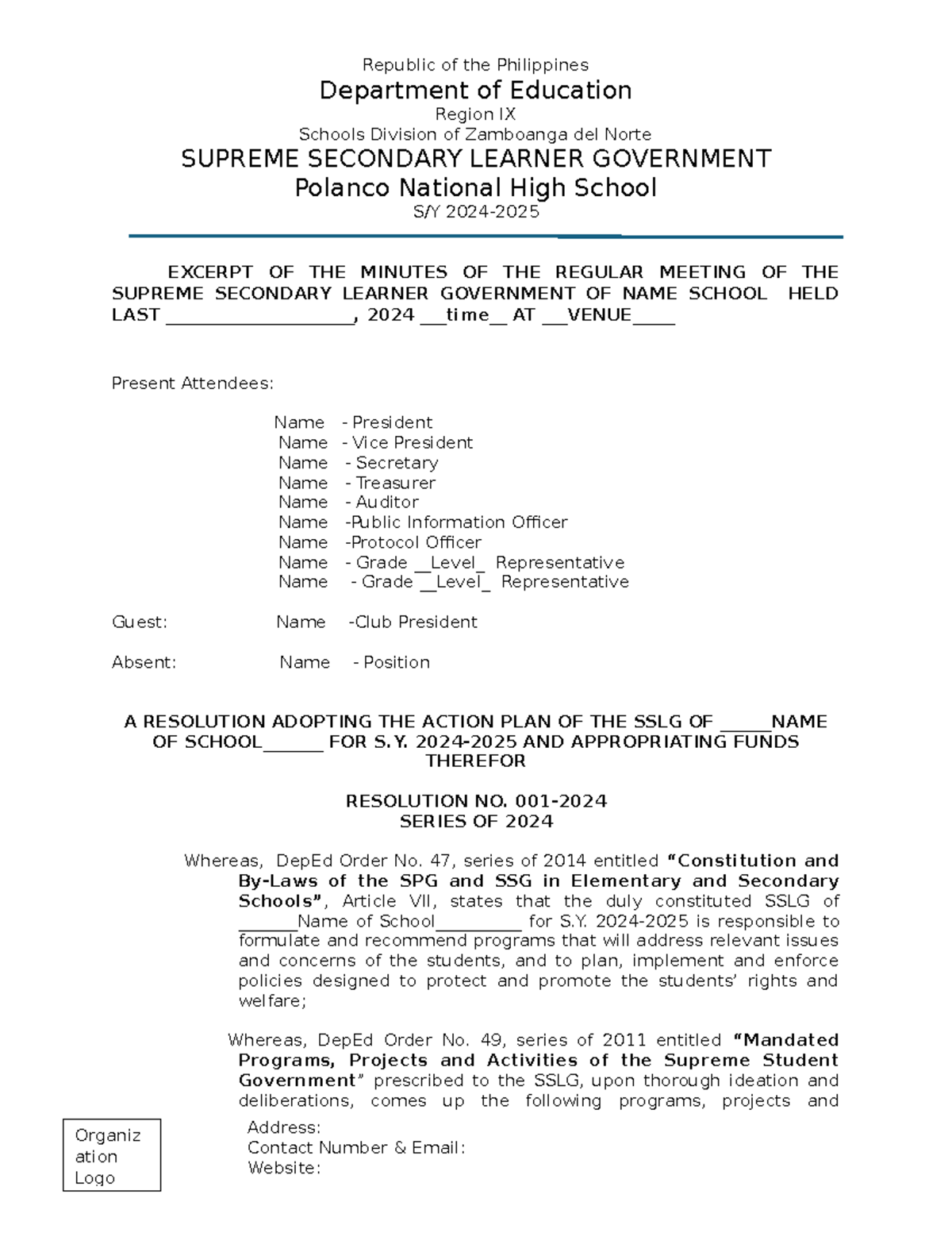 SSLG Resolutions for Polanco National High School S/Y 2024-2025 - Studocu