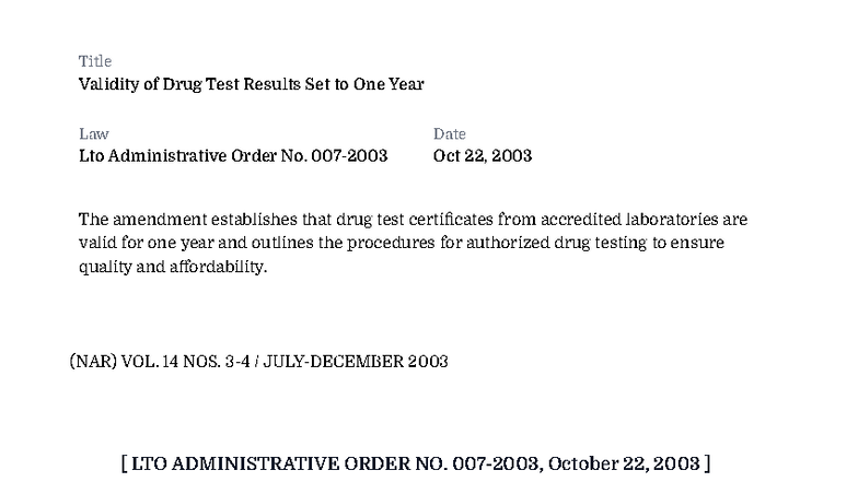 Validity of Drug Test Results (LTO AO No. 2003) - One Year - Studocu