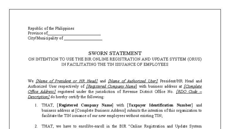 Sworn Statement for BIR Online Registration (ORUS) - Employer Template ...