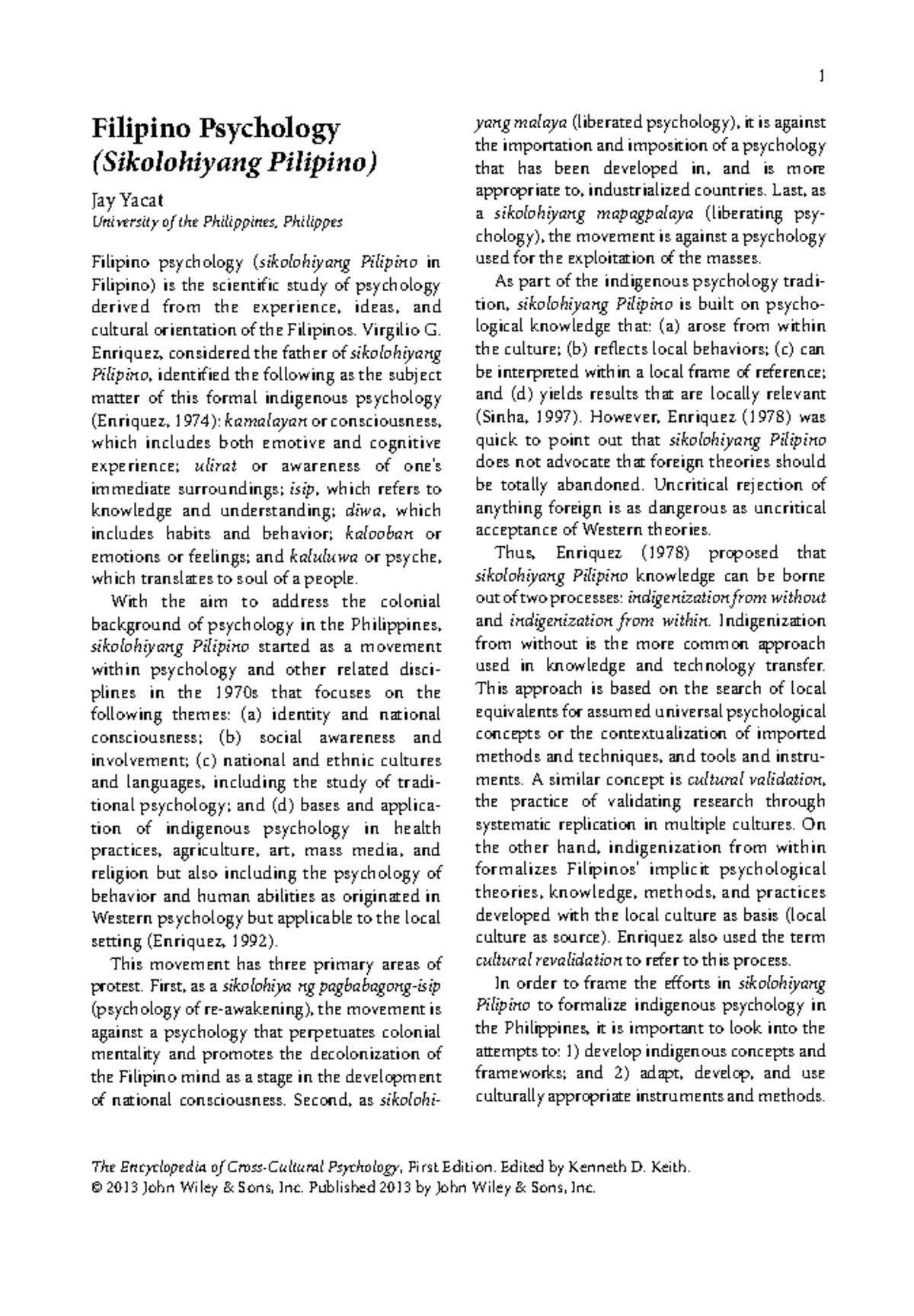 Filipino Psychology (Sikolohiyang Pilipino): Concepts and Methods - Studocu